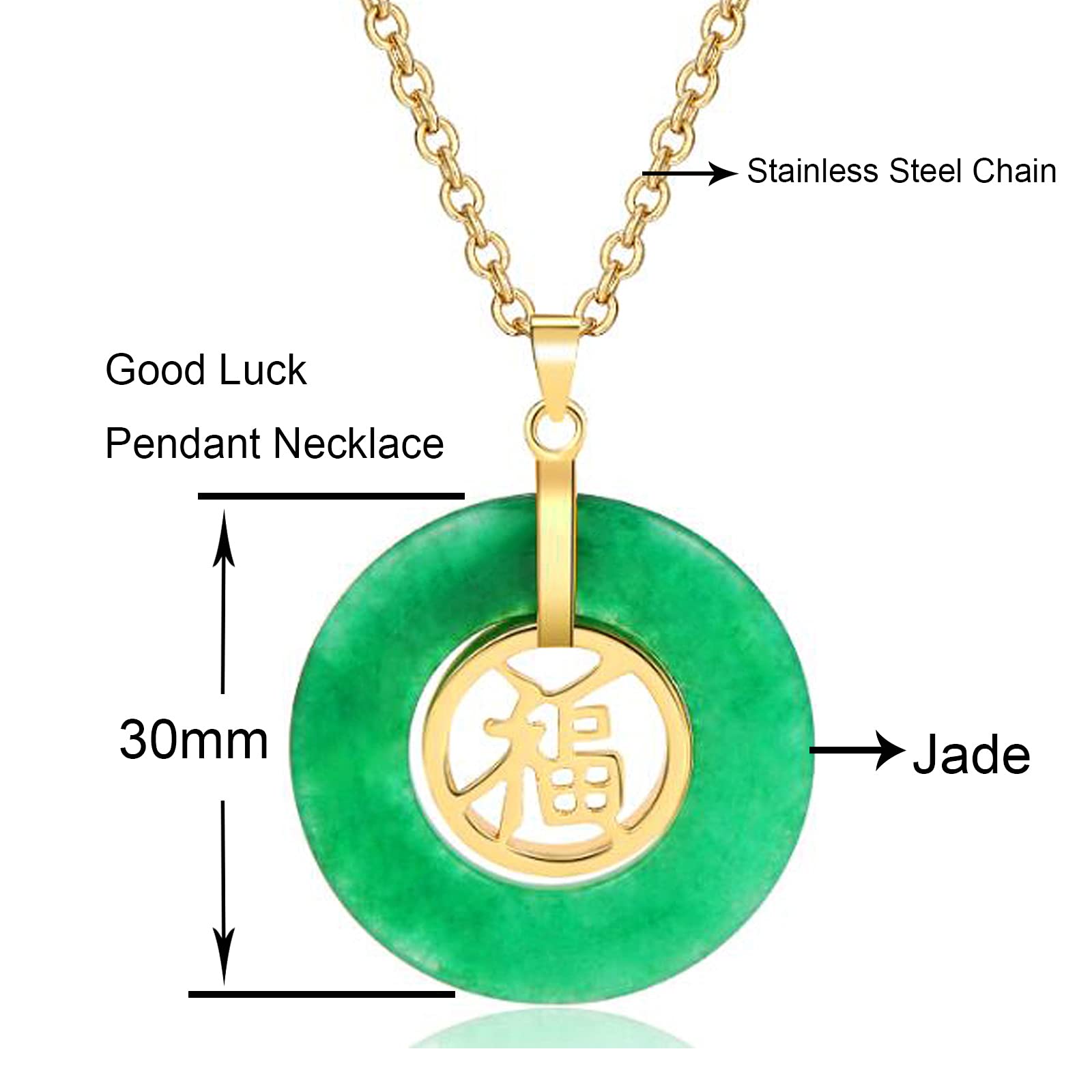SERYNOW Natural Translucent Green Jadeite Pendant Necklace Jade Donut Circle Good Luck Chinese Fu Character Pendant Necklace (FU)