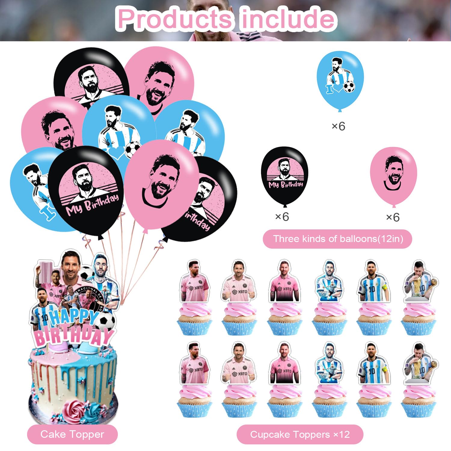 𝓜𝓮𝓼𝓼𝓲 𝓜𝓲𝓪𝓶𝓲 birthday party decoration supplies, 𝓜𝓮𝓼𝓼𝓲 𝓜𝓲𝓪𝓶𝓲 Soccer themed birthday party supplies include cupcake decoration, cake decoration, banners, balloons.