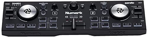 Numark DJ2GO2 Touch β Compact 2 Deck USB DJ Controller For Serato DJ with a Mixer / Crossfader, Audio Interface and Touch Capacitive Jog Wheels,Black