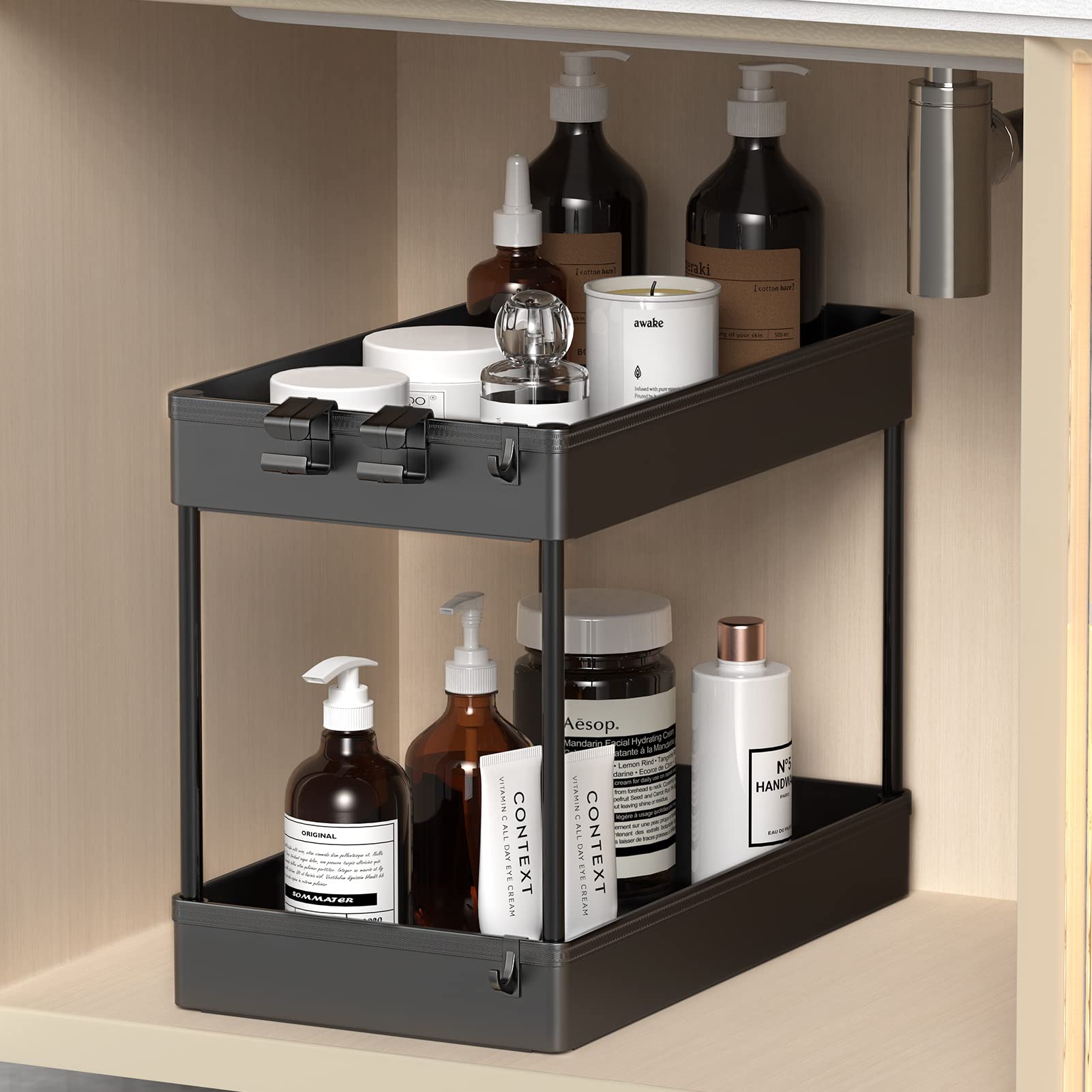 SPACEKEEPER Under Sink Organizer, 2 Tier Under Sink Storage Organizer, Bathroom Standing Rack, Bath Collection Baskets with Hooks, Multi-purpose Storage Shelf, Black, 2 Pack