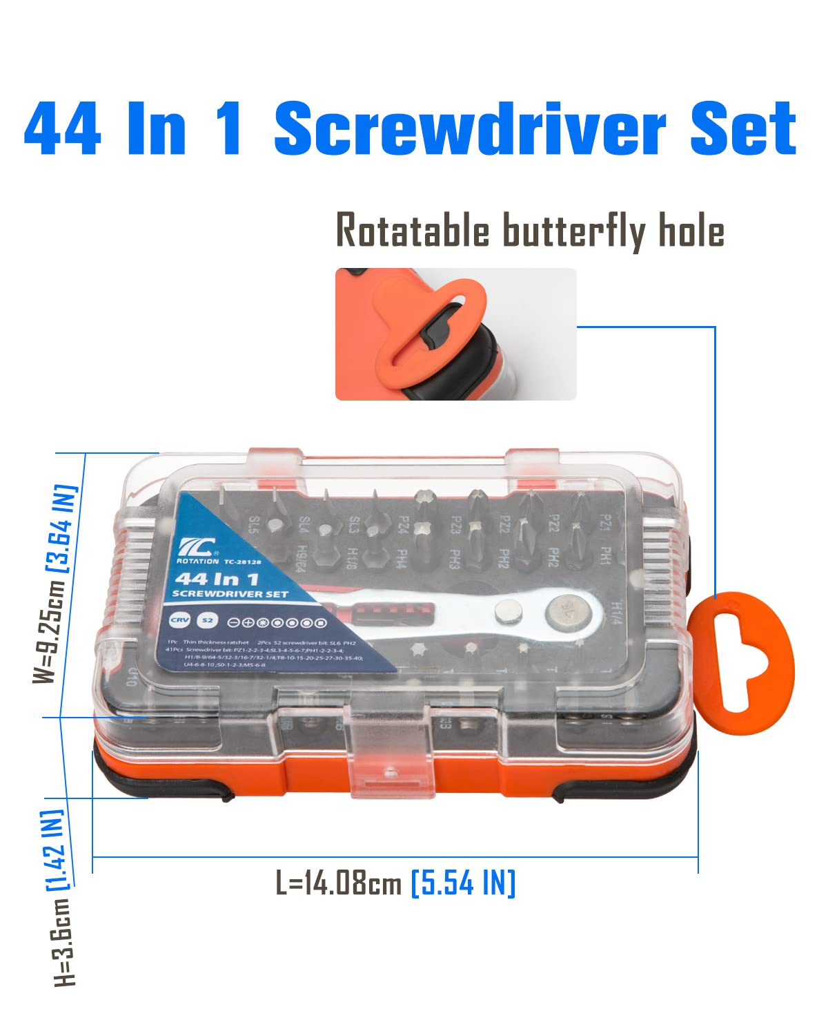 ROTATION 44pc Bit Set with 1/4 Mini Ratchet Offset Screwdriver, Portable Case, CR-V Steel, Drive Handle & Multi Hex/Phillips/Slotted/Torx/Star Bit