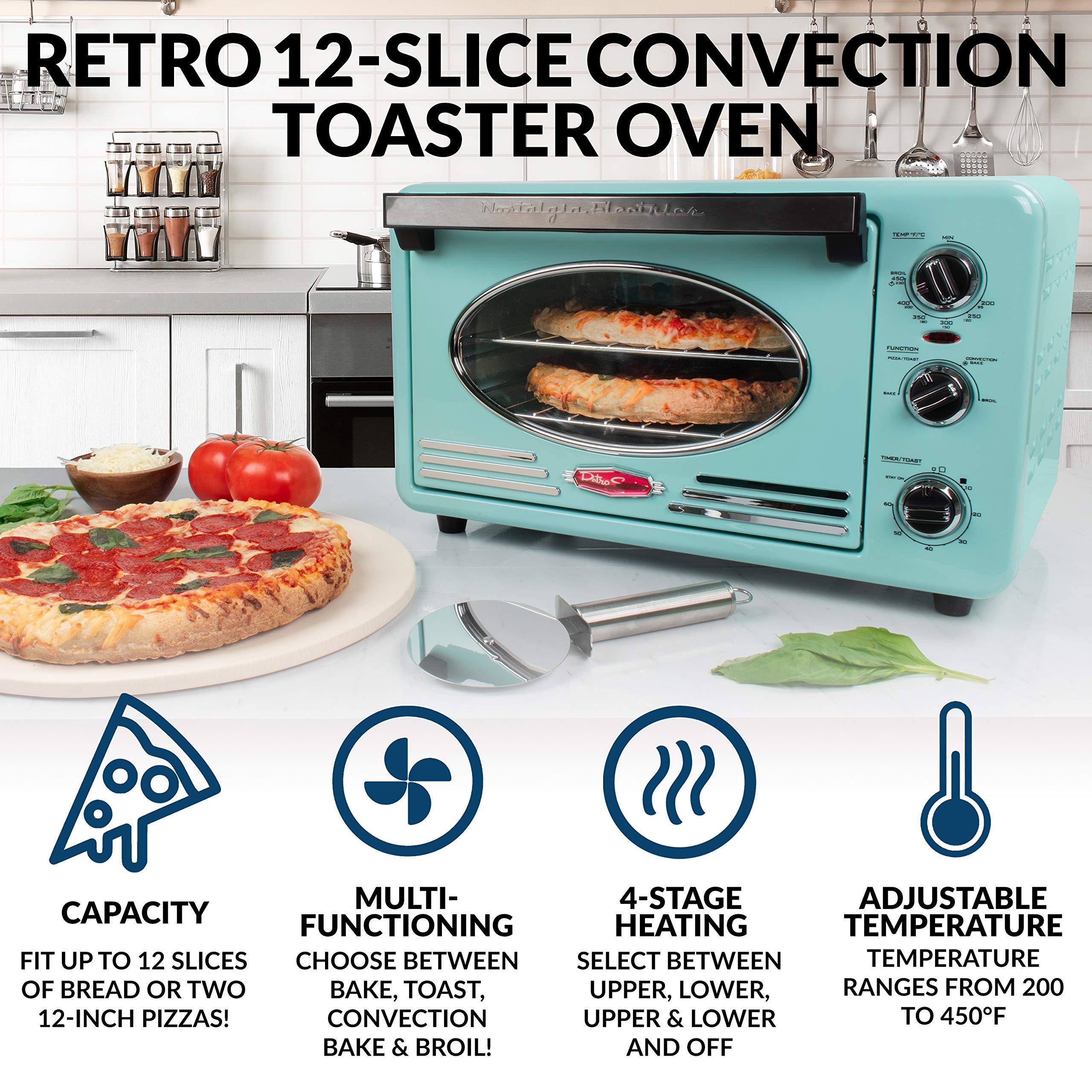 Nostalgia Retro Countertop Microwave Oven, 0.9 Cu. Ft. 800-Watts with LED Digital Display, Aqua & RTOV2AQ Large-Capacity 0.7-Cu. Ft. Capacity Multi-Functioning Retro Convection Toaster Oven