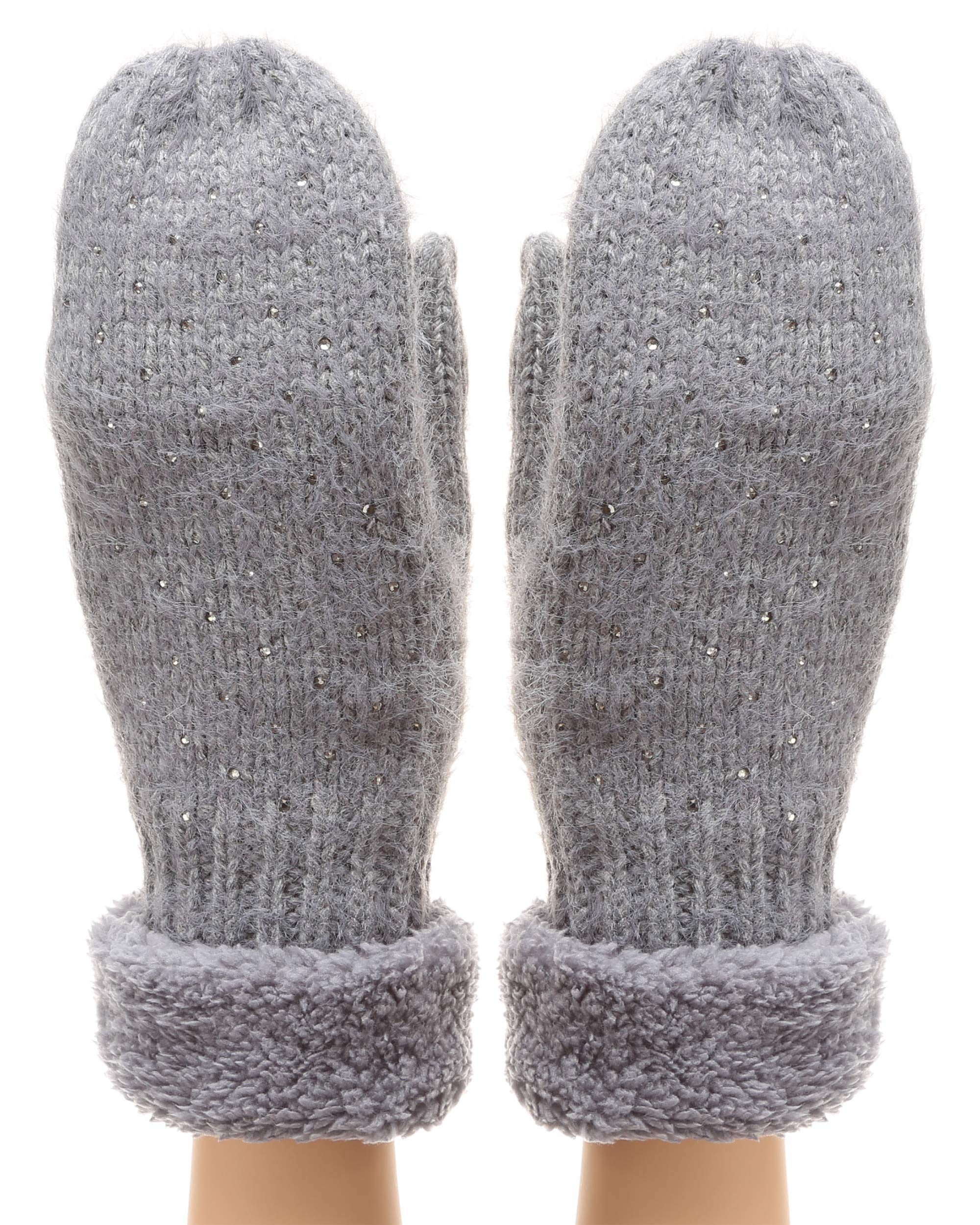MIRMARU Women’s Winter Warm Gloves Classic Thick Cable Knit Mittens with Soft Plush Lining (Rhinestone, Grey)