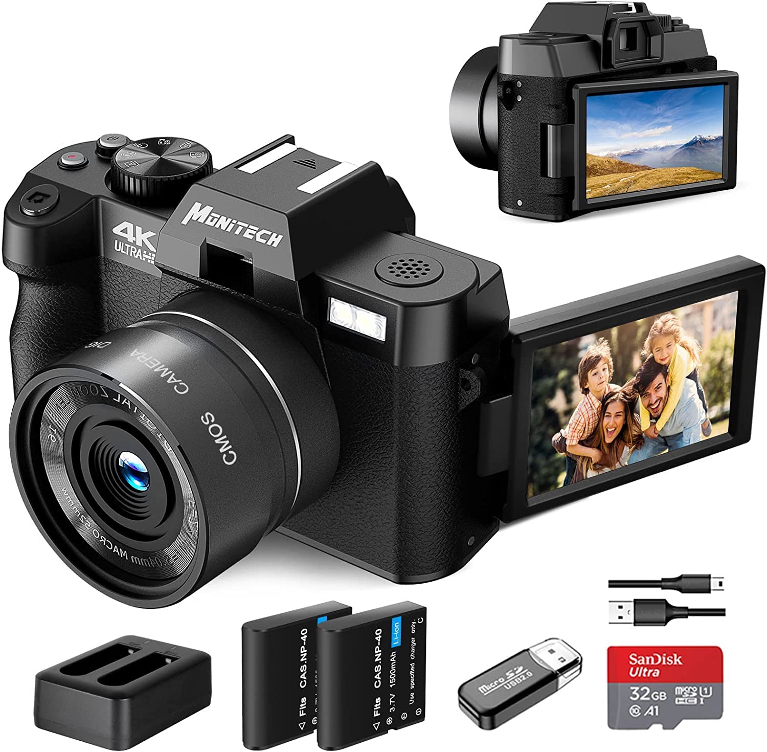 Mo 4K Digital Cameras for Photography,48MP Vlogging Camera for Video&YouTube with 180° Flip Screen,16X Digital Zoom,32GB TF Card, 2 Batteries
