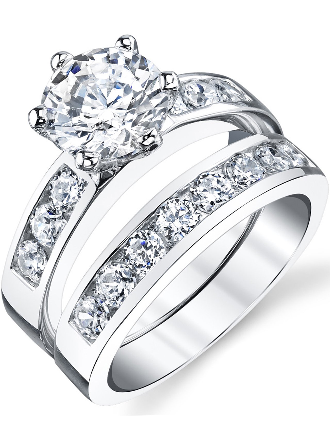 Metal Masters Sterling Silver 925 2.00 Carat Engagement Ring Wedding Band Set 2-Pc With Cubic Zirconia Size 8