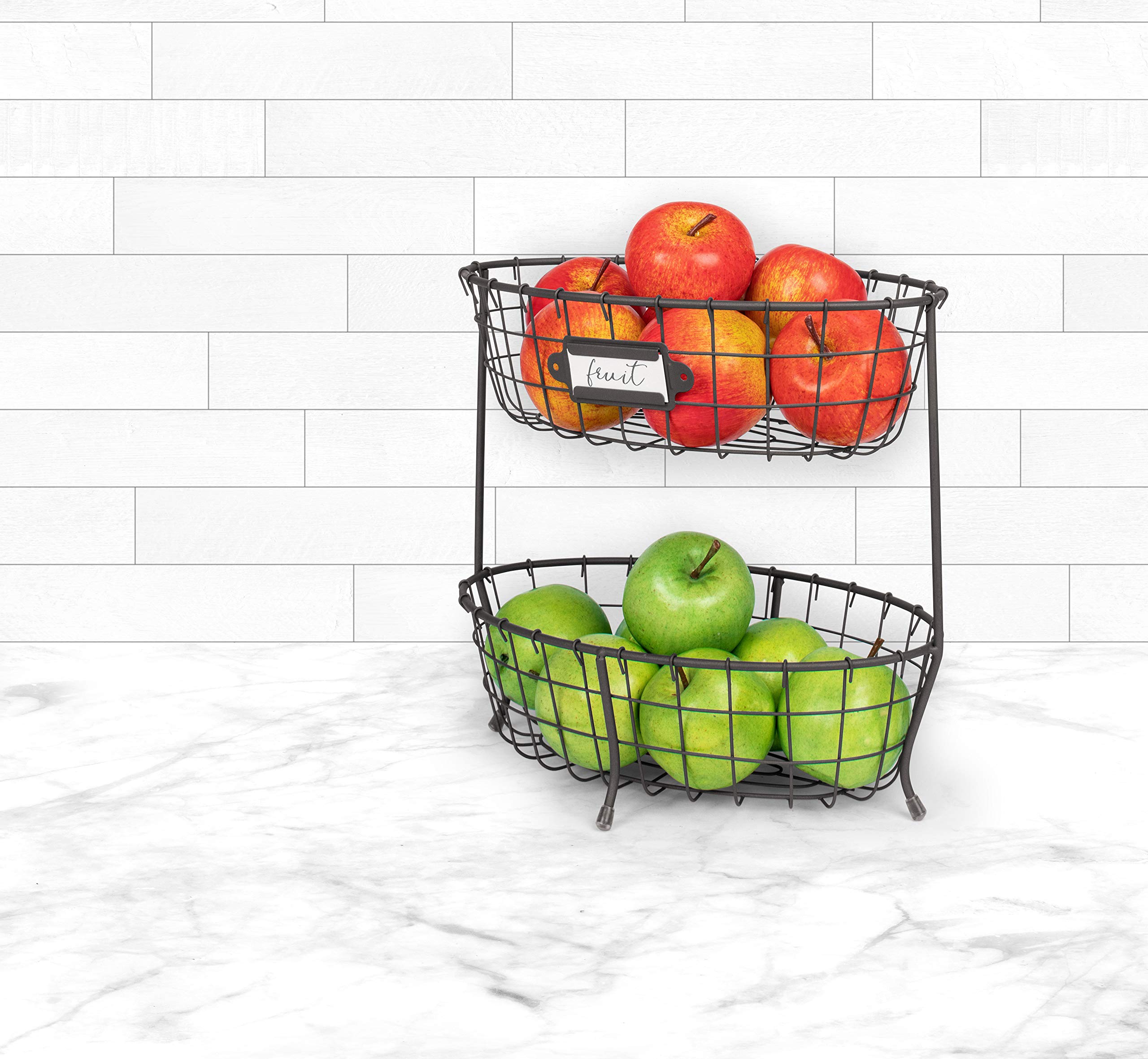 Spectrum Diversified Vintage Living Oval Server Stacked, 2-Tier Bowls, Dining Table & Kitchen Counter Organizer, Modern Fruit Basket Stand, Industrial Gray (A19676)