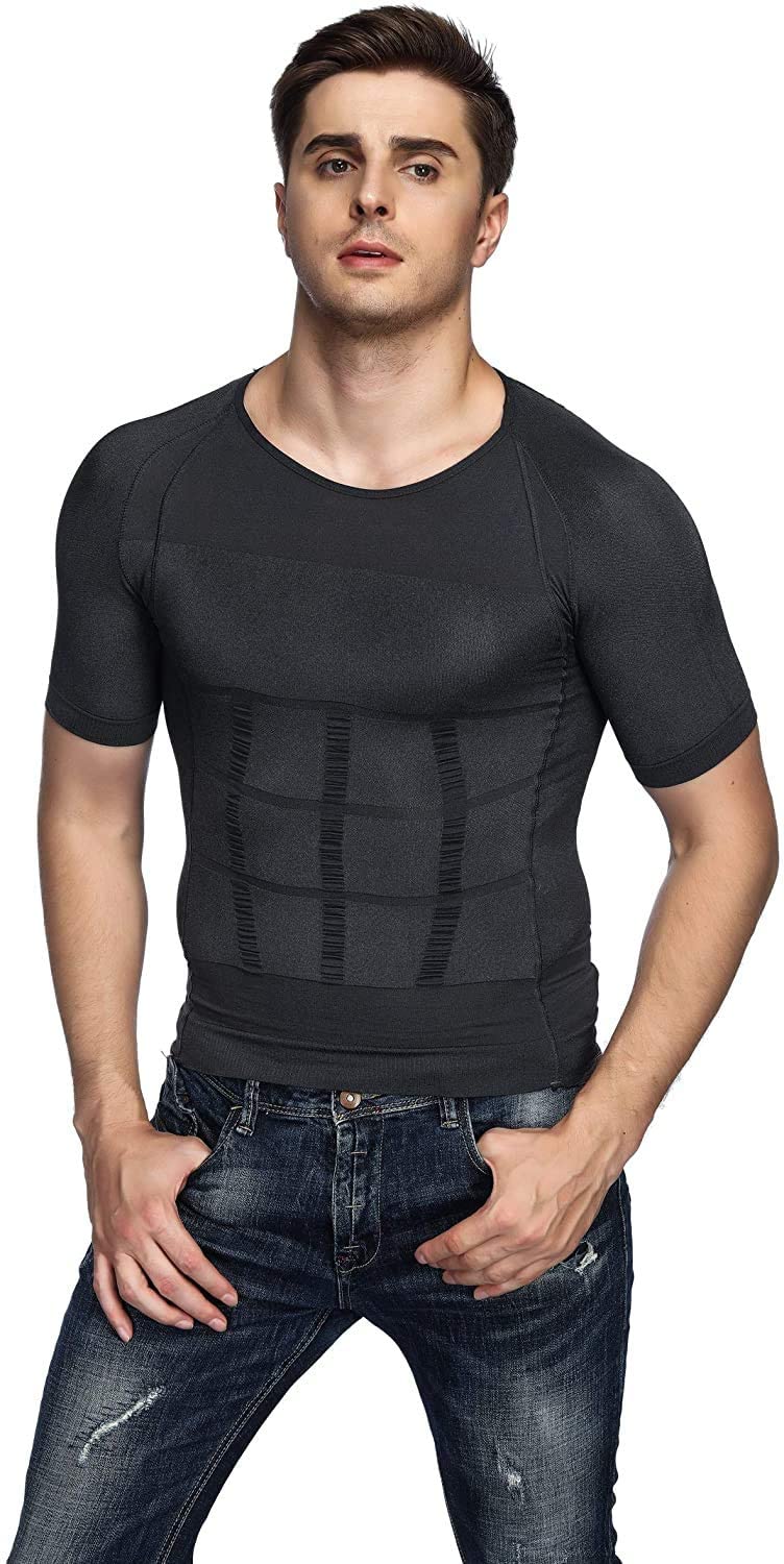Odoland 3 Pack Men's Body Shaper Slimming Shirt Tummy Vest Thermal Compression Base Layer Slim Muscle Short Sleeve Shapewear, Grey/Grey/Grey, XL