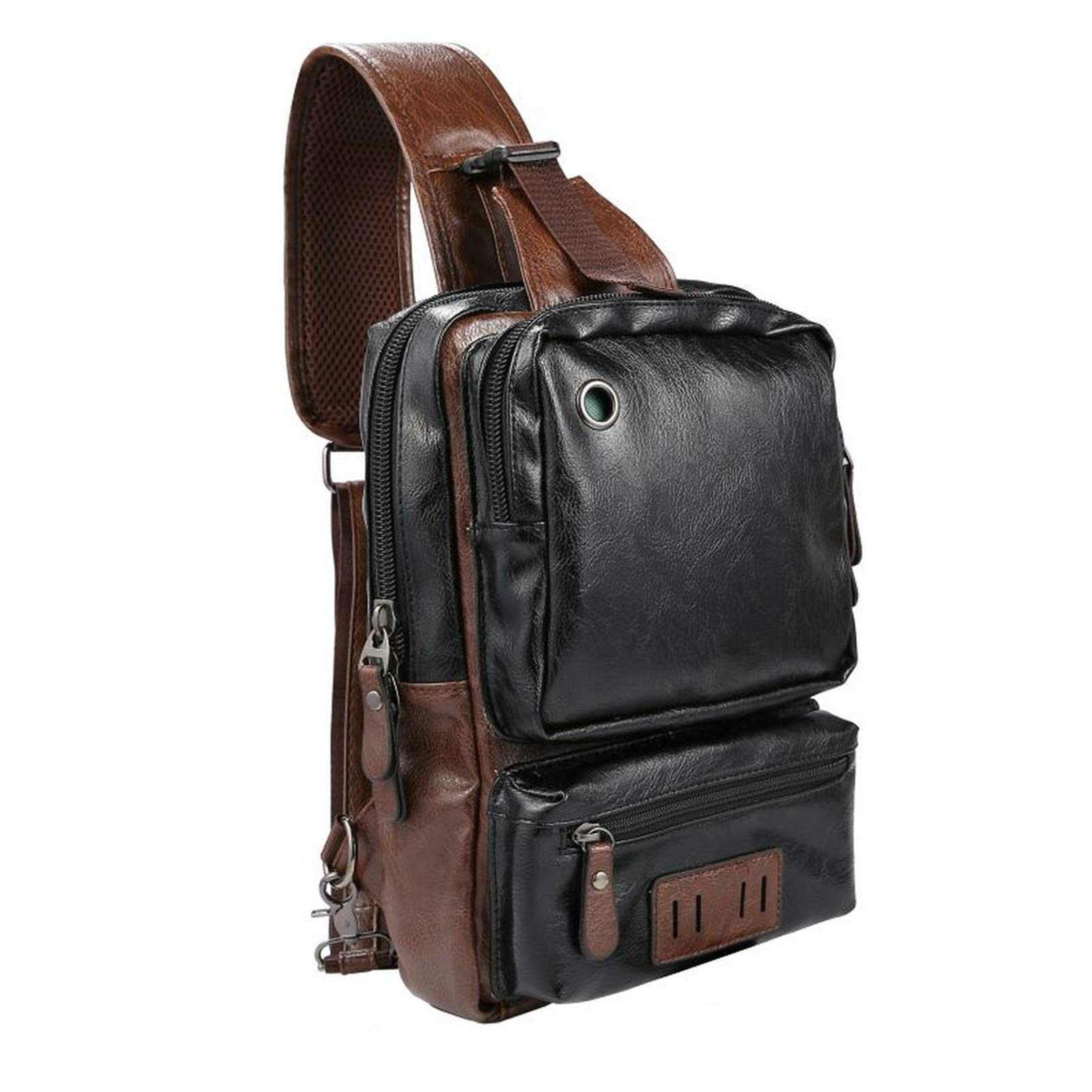 QICHUANG Men Sling Bag PU Leather Unbalance Chest Shoulder Bag with USB Charging Port Gift for Men (black)