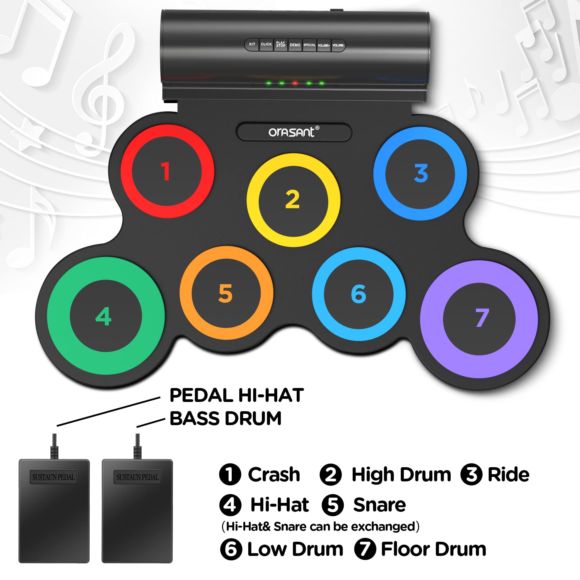 ORASANT Real-Effect Rechargeable Portable Electronic Drum Set, Multi-Functional Electric Drum Set, Volume Adjustable Built-in Speaker Foot Pedals Drum Sticks Headphone-Jack 10H Playtime, Birthday Gift