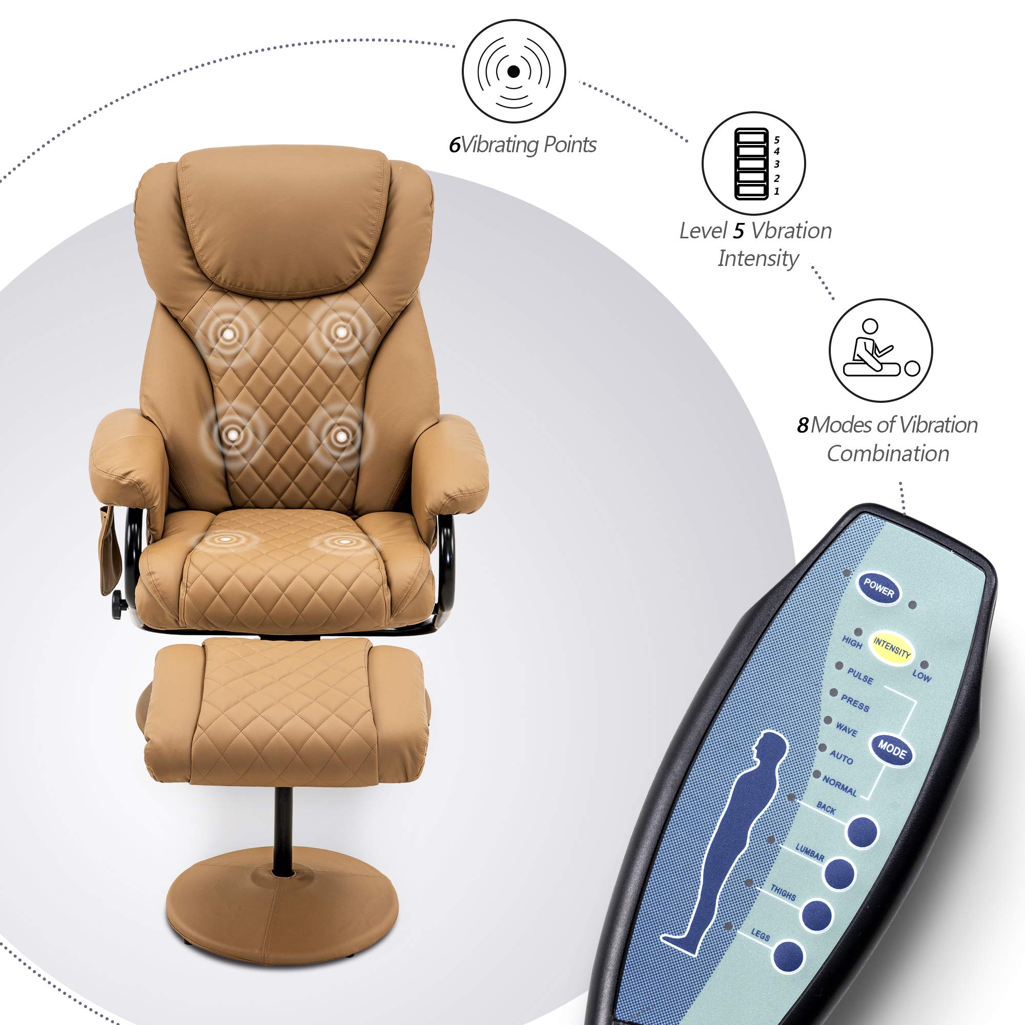 MCombo Recliner with Ottoman, Reclining Chair with Massage, 360 Swivel Living Room Chair Faux Leather, 4901 (Cognac)
