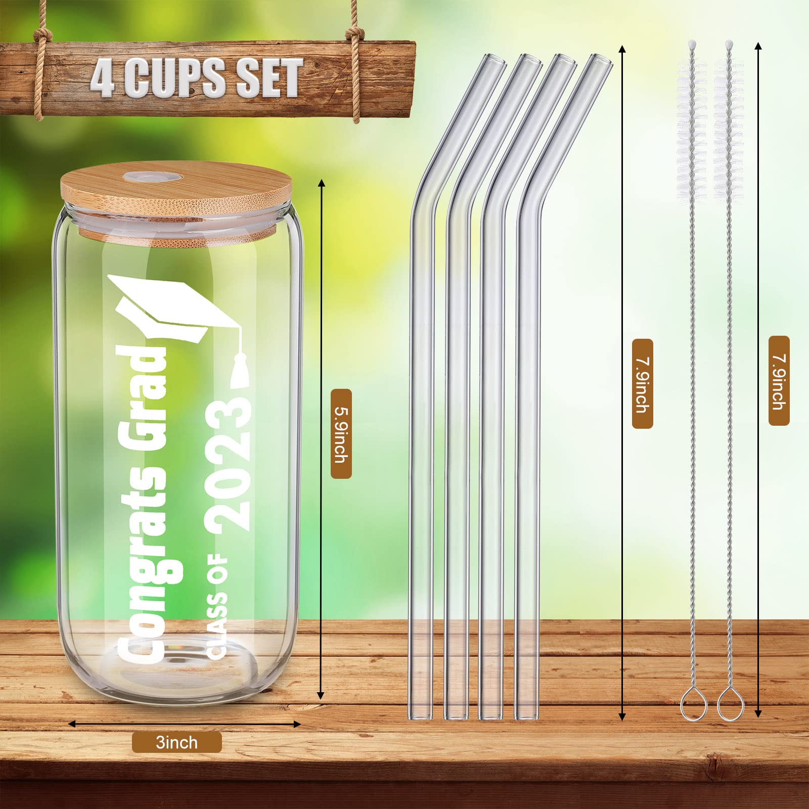 Rtteri 4 Pack Graduation Gift Congrats Grad Class of 2024 Can Cup, 16 oz Drinking Glasses with Bamboo Lid and Glass Straw, Can Shaped Drinkware Cups Grad Gifts for Graduates Whiskey Beer Soda