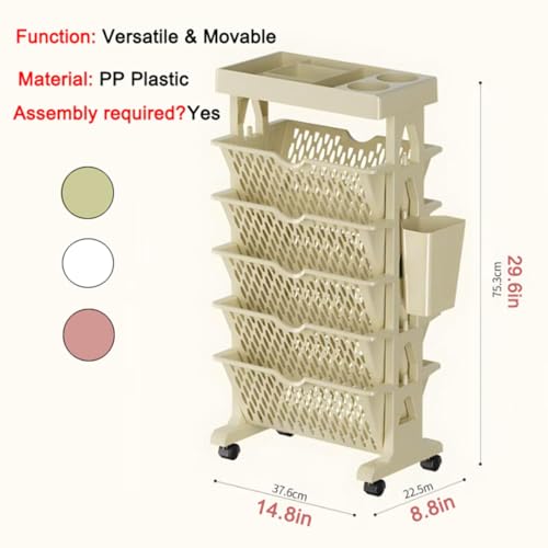 Movable Classroom Deskside Bookshelf, Desk Storage Organizer with Caster Wheels, 6-Tier Storage Trolley Under Desk, Adjustable Rolling Cart Organizer Multifunctional Rolling Cart with Hanging Cups ( C