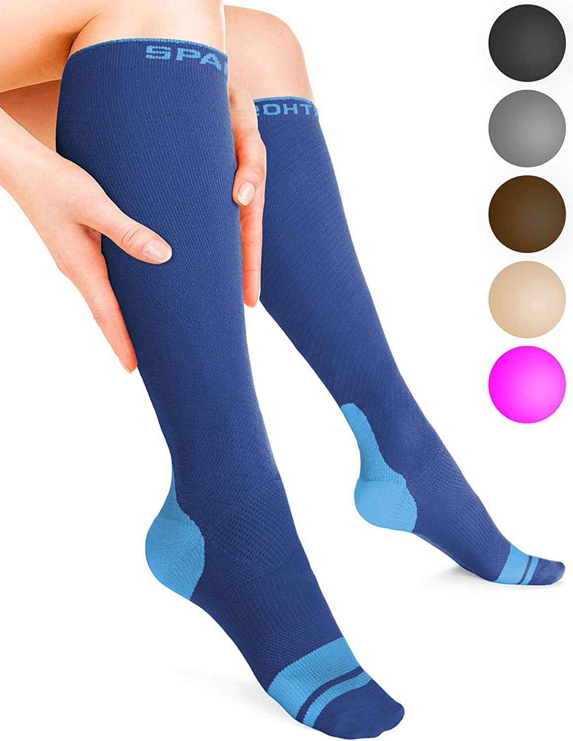 Sparthos Circulation Socks (20-30 mmHg) Wide Calf - Knee High Sock for Compression, Travel, Medical Support, Pregnancy, Nurses - Dr Sock Soothers Ankle Brace - Mens and Womens Plus (Blue-LXL-Wide)