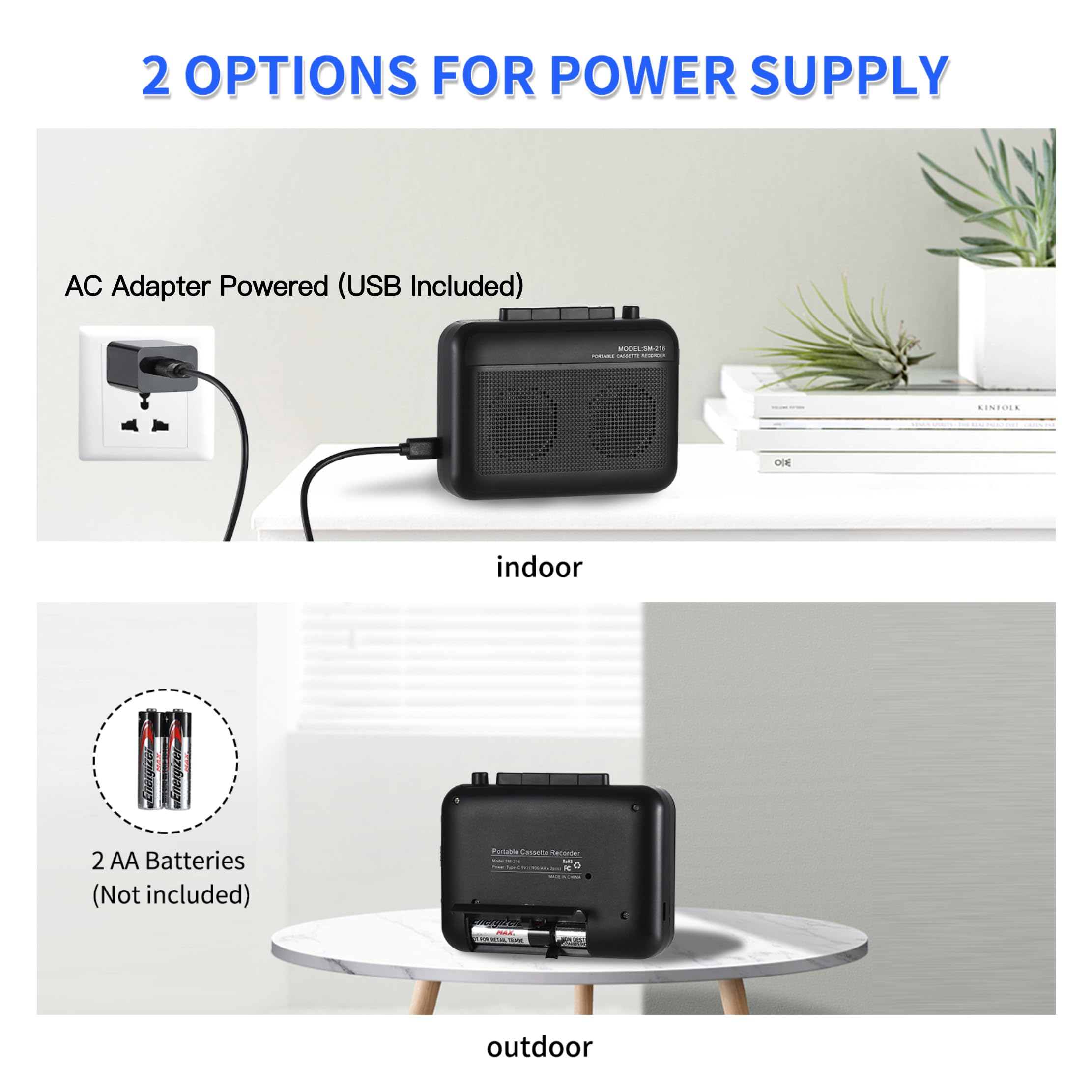 Portable Cassette Player Recorder with Bluetooth Transmitter, Walkman Cassette Tape Player with Headphone Jack, Build-in Speaker, Microphone Jack, Powered by AC Adapter or AA Battery- Black