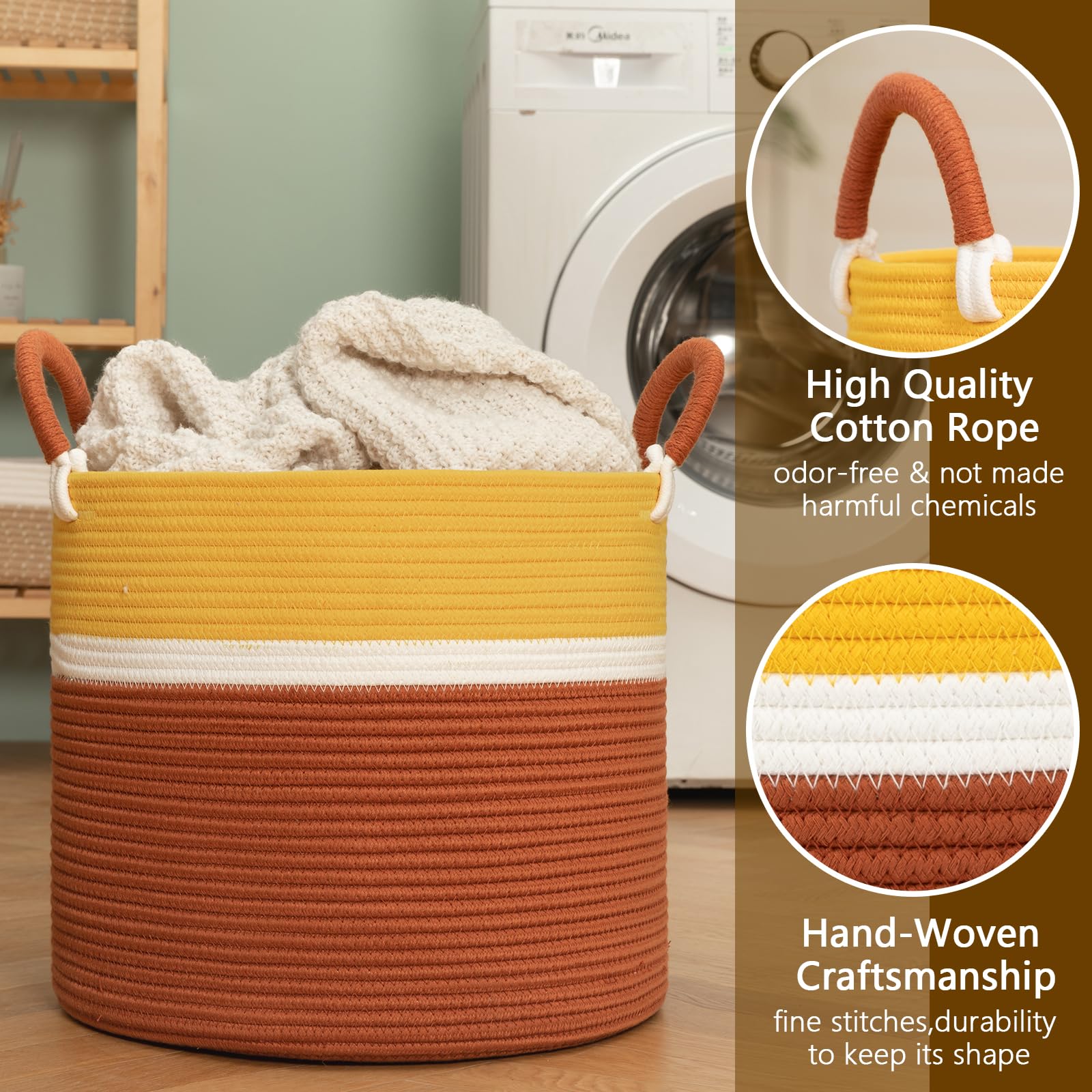 OIAHOMY 13.8x13.8x17.7 Inches Nursery Hamper, Decorative Blanket Basket for Living Room, Tall Laundry Basket With Handles, Large Nursery Clothes Hamper, Woven Laundry basket Organizer (Yellow)
