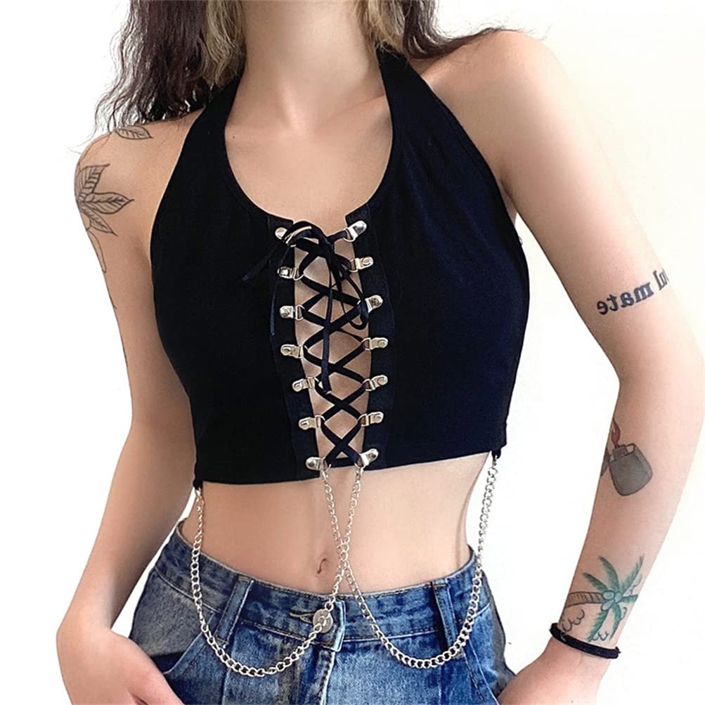Sexy Western Tops for Women Goth Punk Halter Underboob Crop Top Lace Up Chains Backless Small