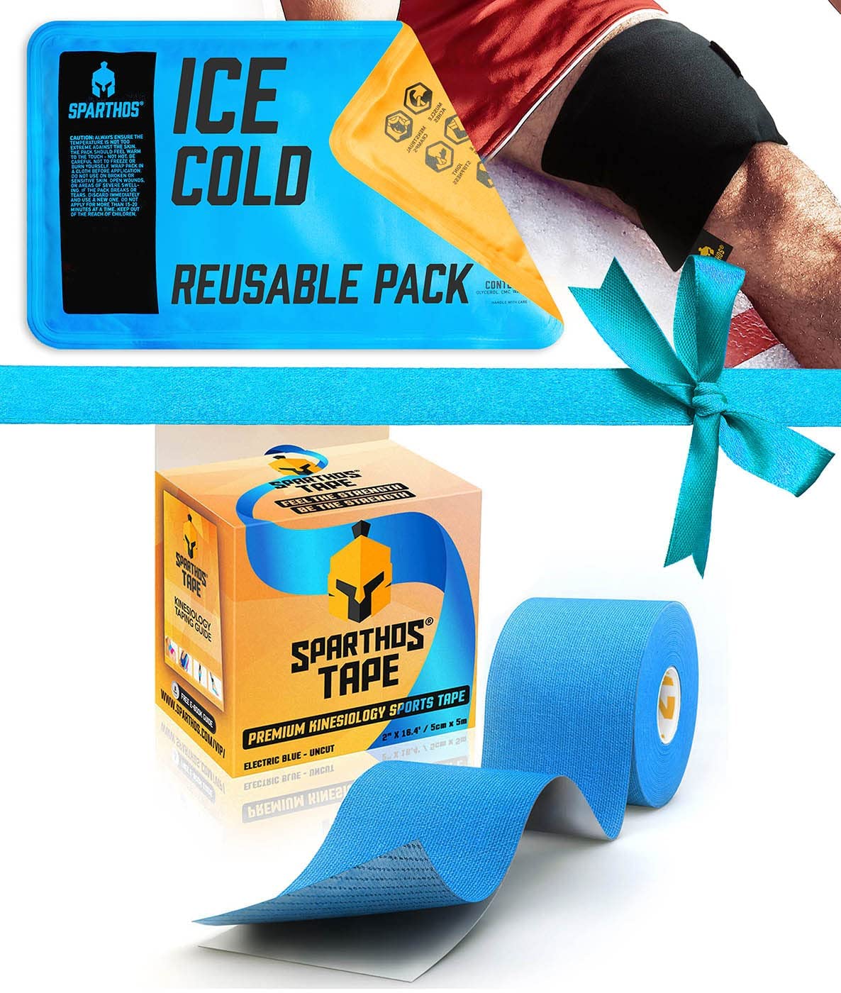 Sparthos Kinesiology Tape [Electric Blue - 16.4ft Uncut Roll] x Ice Packs for Injuries [Size Medium + Cover]