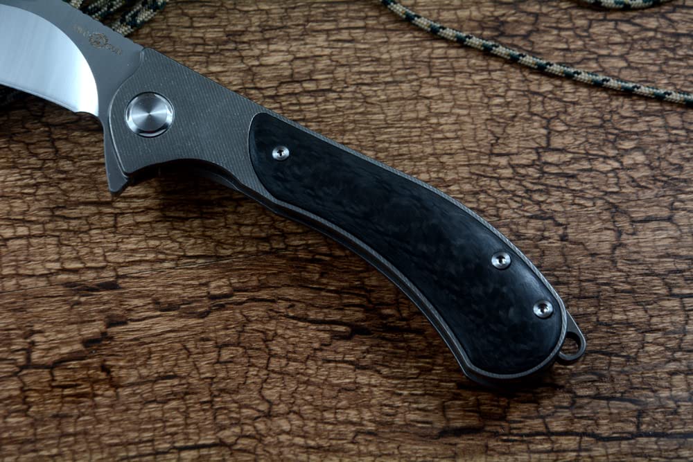 twosun D2 Satin Blade TC4 Titanium Carbon Fiber Handle Folding Hunting Knife TS388