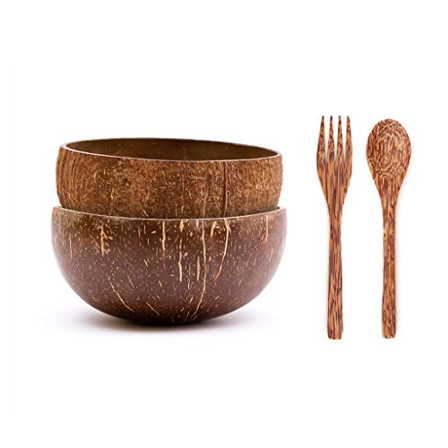 Rainforest Bowls 2 Eco-Friendly Jumbo Coconut Bowls (Raw & Original) w/Coconut Wood Spoon & Fork - 100% Natural, Organic Kitchen Set - Handcrafted from Reclaimed Coconut Shells + Offcuts
