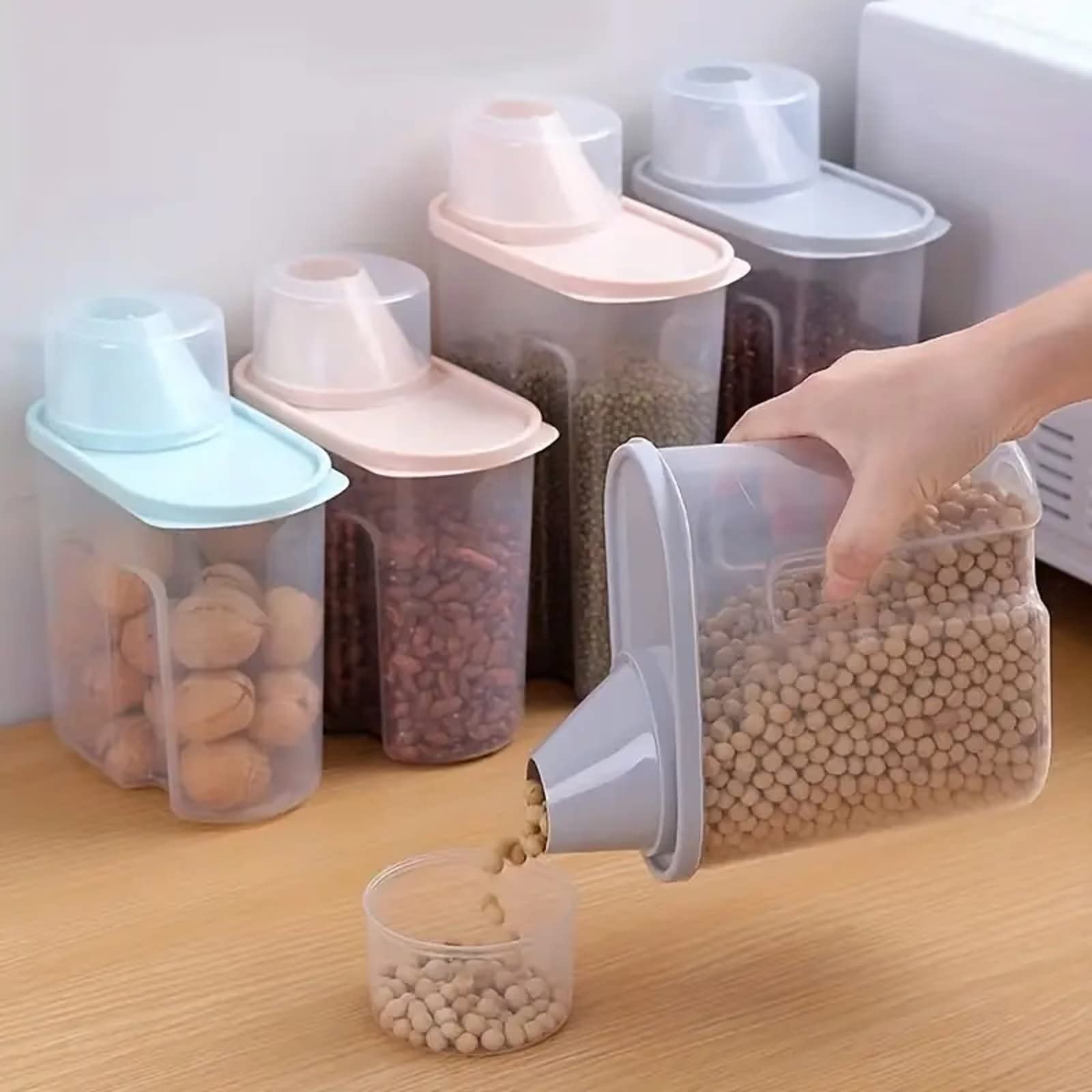 Typutomi 2pcs Rice Storage Bin, 1.9L Cereal Storage Container Food Airtight Container with Pouring Spout abd Measuring Cup for Oatmeal, Grain, Pasta, Flour, Dog Cat Food Canister(Blue&Green)