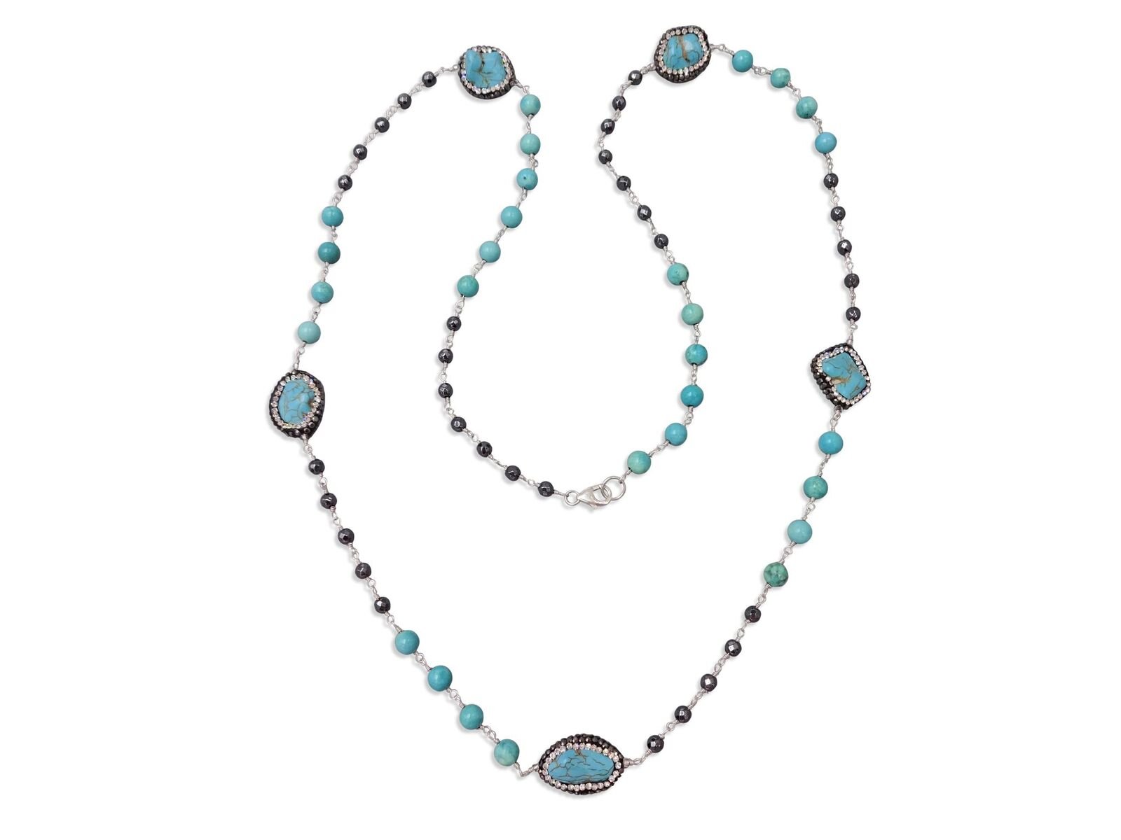 MGR MY GEMS ROCK! Hand Crafted Natural Gemstone Turquoise Color Baroque Turquoise Druzy and Hematite Wire Wrapped and Wire Twisted Long or Double Strand Station Necklace for Women or Men, 33" long.