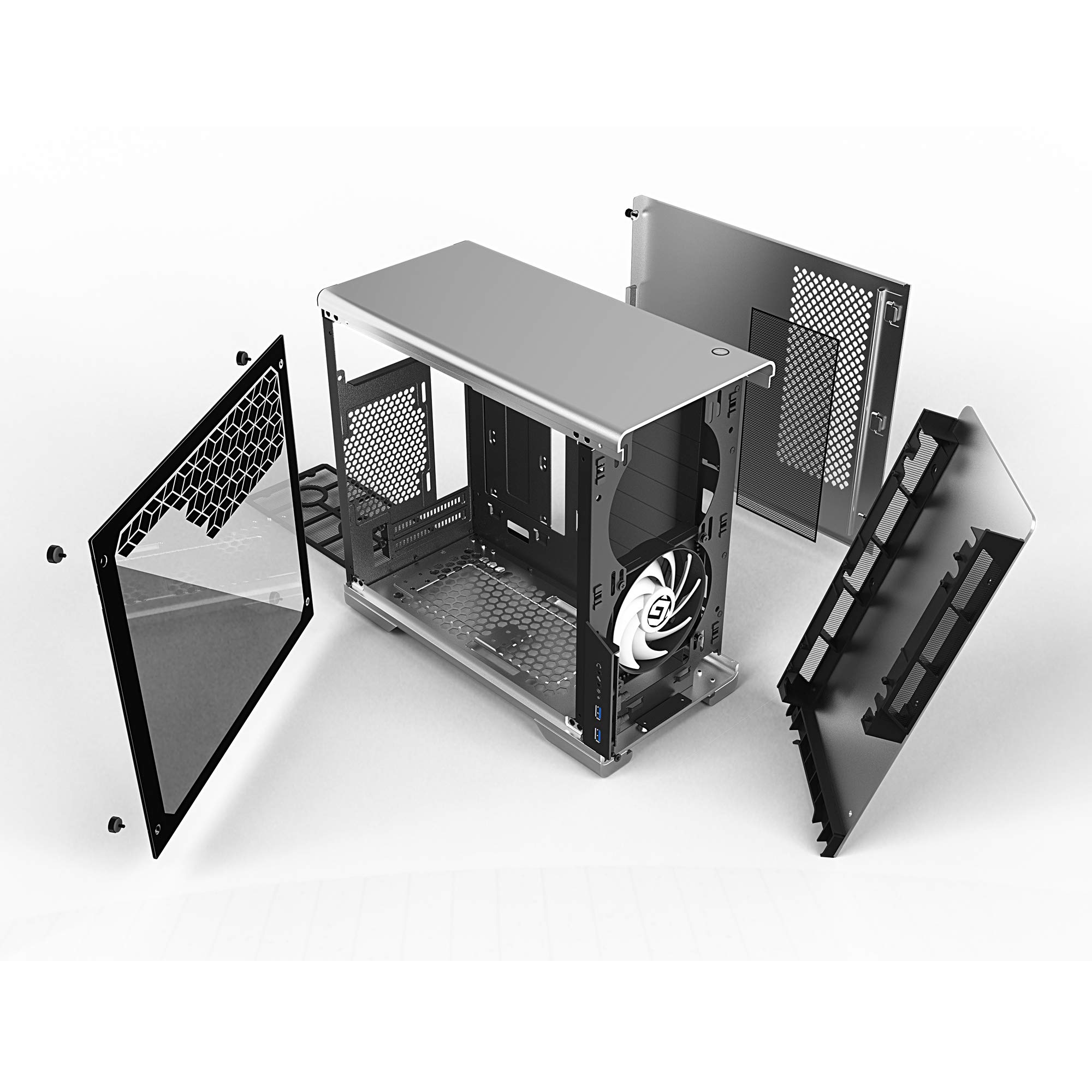 Metallic Gear (MG-NE210_SR02) Neo Mini V2 Series Mini-ITX Case, Compact Chassis, Sand Blasted Aluminum, Tempered Glass Panel, Liquid Cooling Ready - Silver