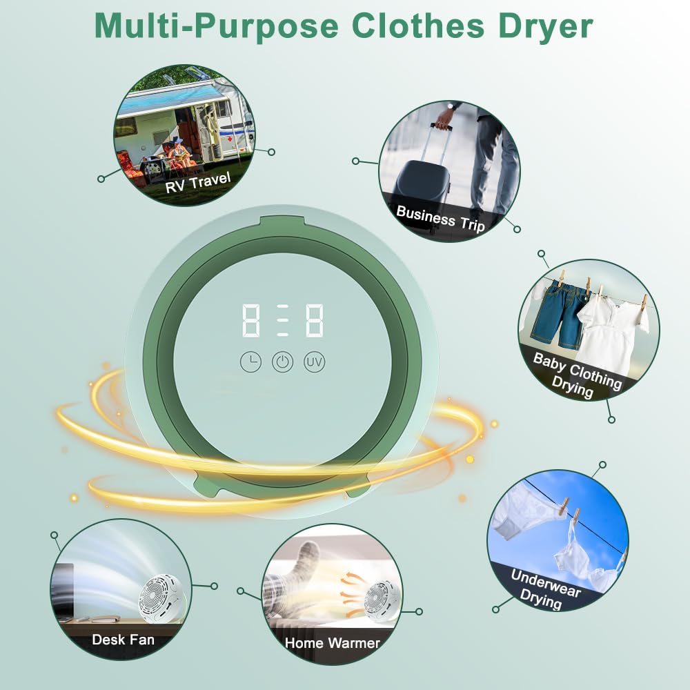 Portable Clothes Dryer Electric Multifunctional Clothe Dryer Heated Foldable Drying Rack Airer with Timer UV Sterilization Compact Clothes Dryer Machine for Apartments RV Travel