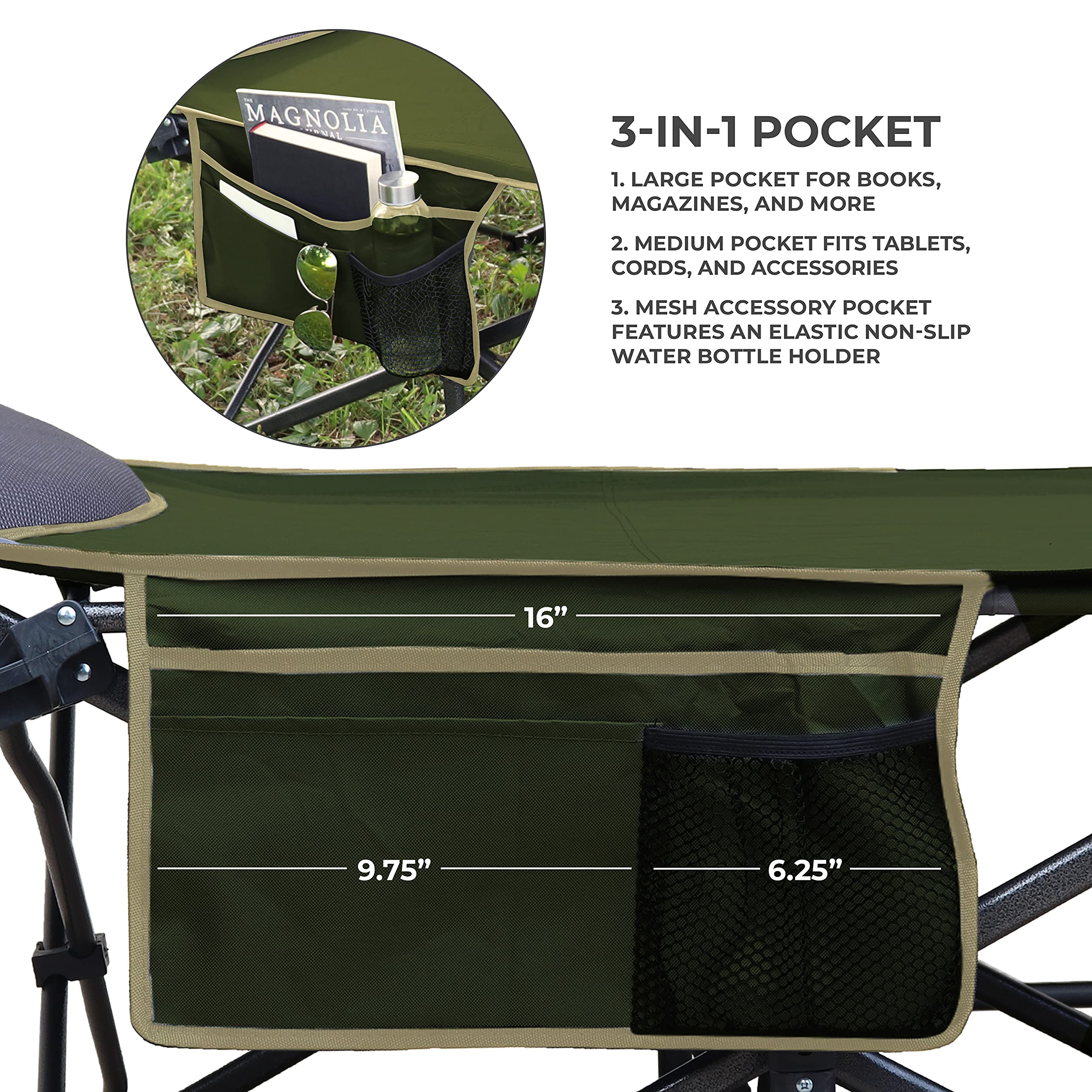 OSAGE RIVER XL Folding Camping Cot with Pocket and Built-in Pillow, Supports up to 440 lbs, Portable Sleeping Bed for Backpacking, Travel, or Camping, Green and Tan
