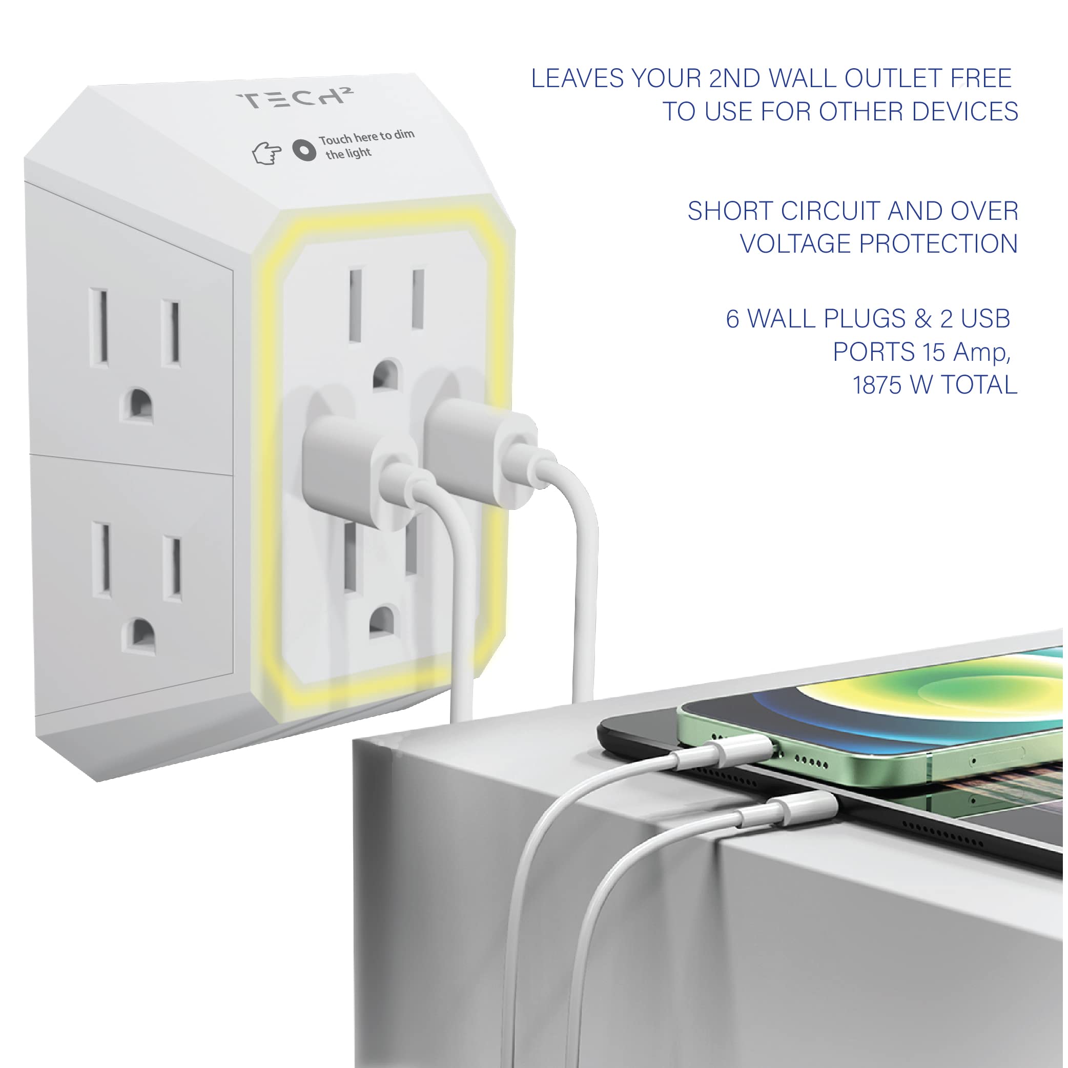 Tech2 Multi Plug Surge Protector with Night Light, 6 Outlets & 2 USB Ports A and USB C 2.4A Total, ETL Certified Adapter for Home, School, or Office
