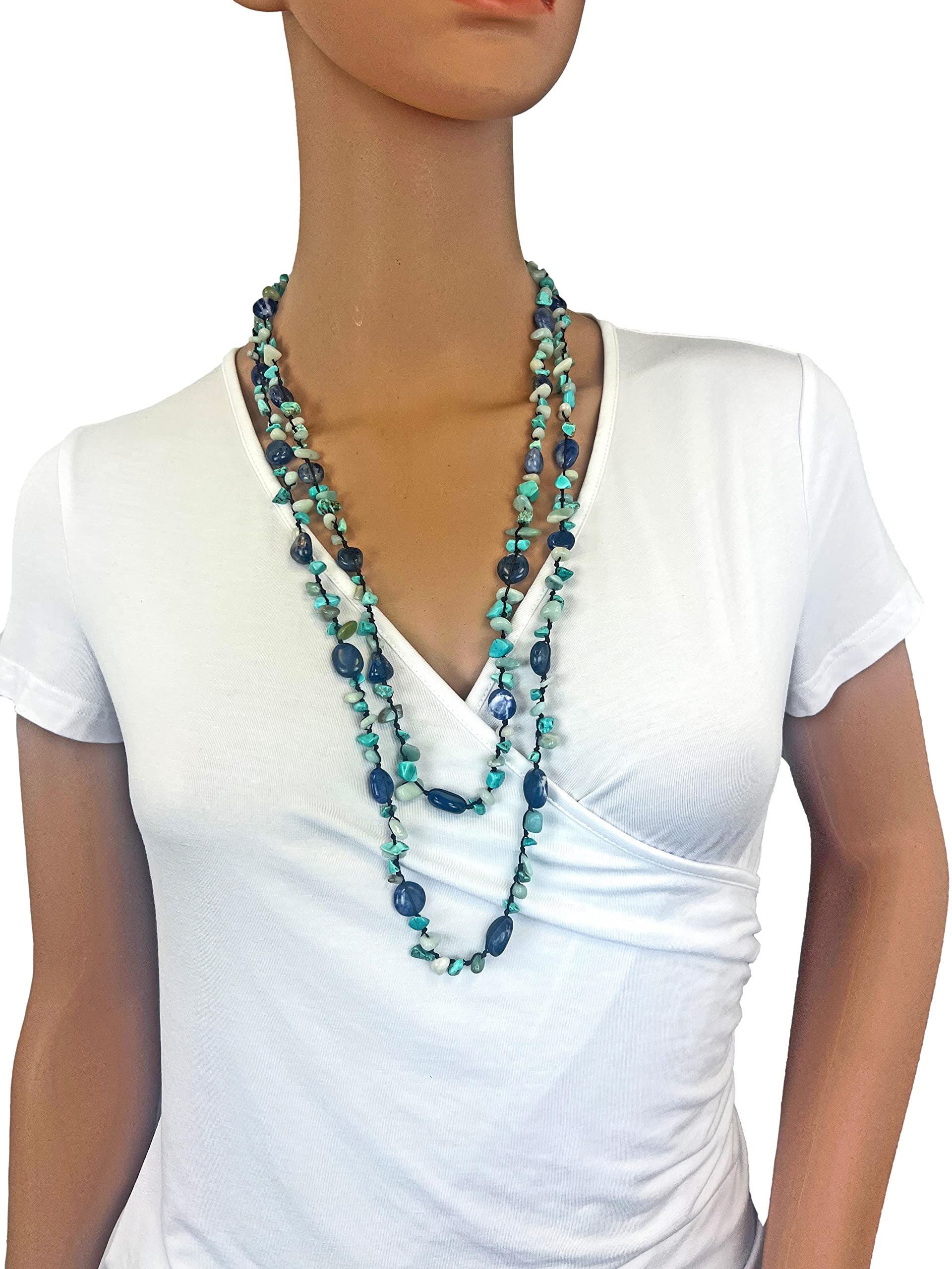 MGR MY GEMS ROCK! Beaded Sodalite Mix Stone Endless Infinity Long or Multi layered Boho Statement Necklace, 60" Long.