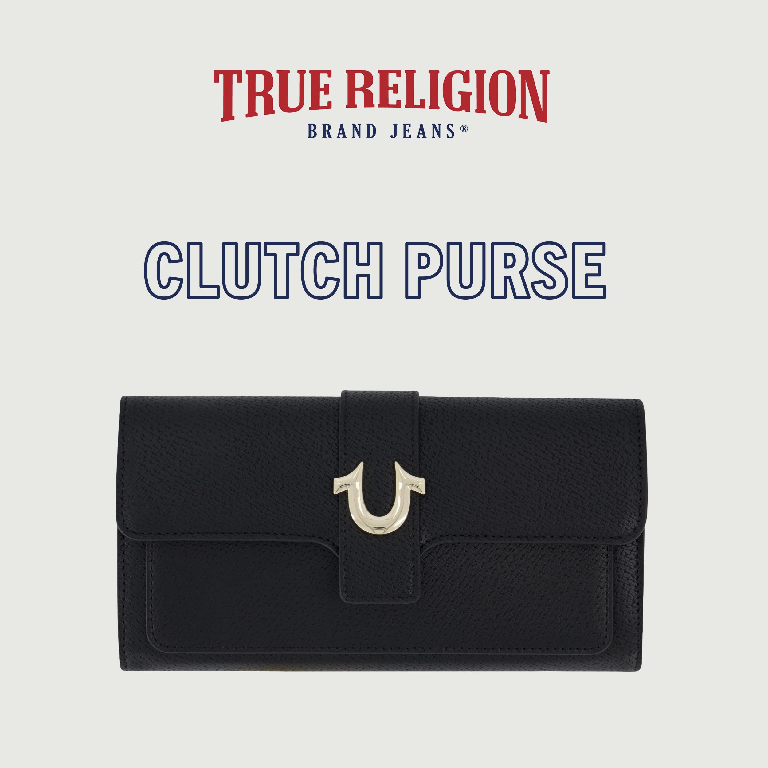True Religion Women's Wallet, Horseshoe Logo Small Compact Clutch Purse, Black