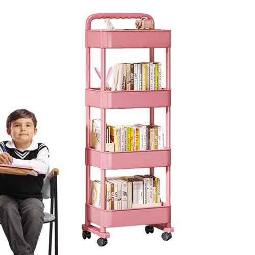 Movable Bookshelf Cart, Movable Storage Book Shelves, Movable Book Rack, Compact Bookshelf on Wheels, Reusable Rolling Storage Cart Movable Bookshelf for Kitchen, Bedroom, Living Room & Laundry Room