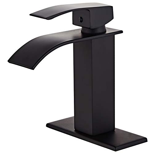Wovier Matte Black Waterfall Bathroom Sink Faucet with Cover Plate,Single Handle Single Hole Brass Lavatory Vanity Faucet,Basin Mixer Taps with Supply Hose