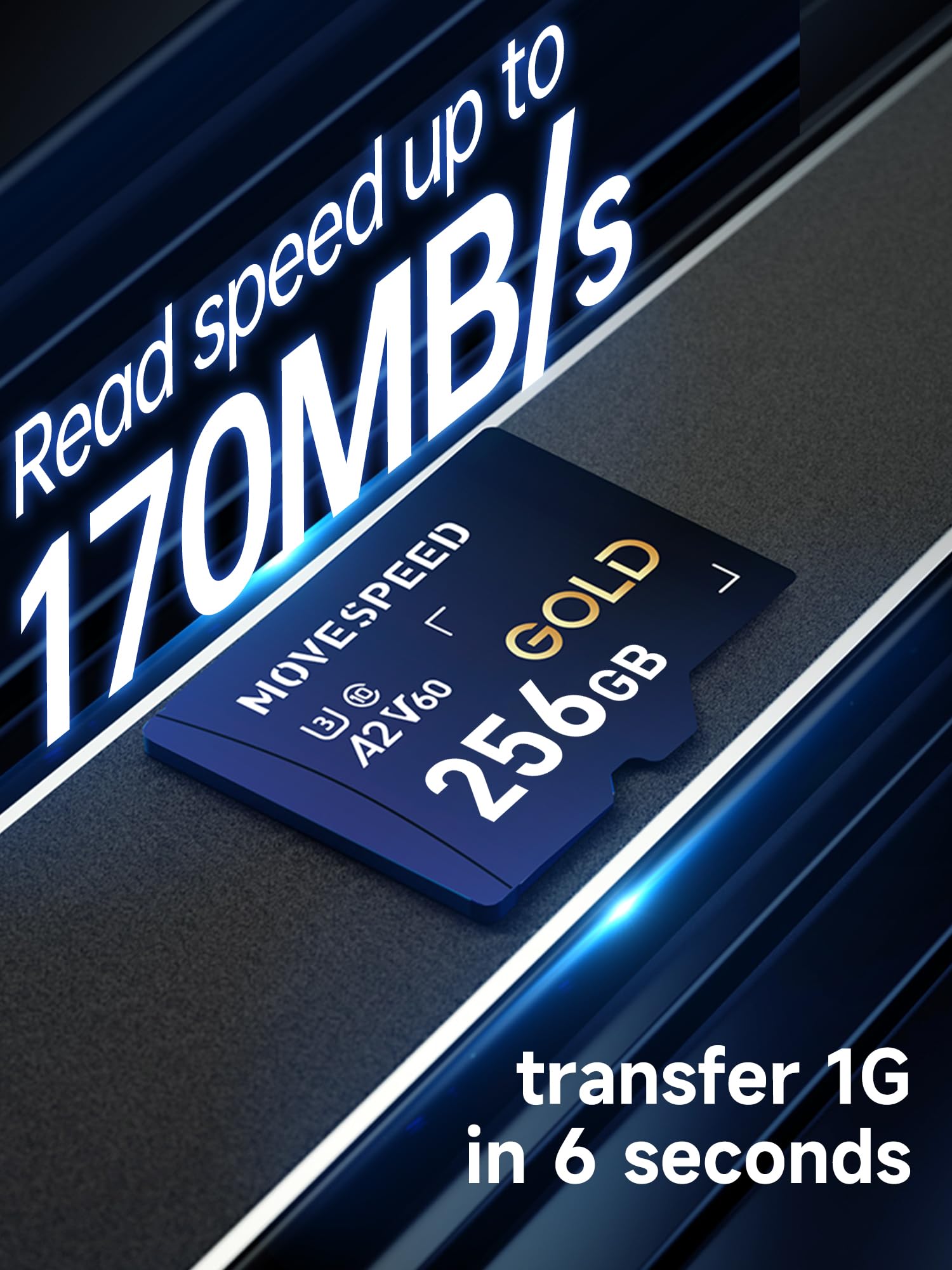 MOVE SPEED 256GB Micro SD Card, Up to 170MB/s Micro SD Memory Card, A2 U3 V60, 4K Full HD Video Recording, with Card Reader and Adapter, for Driving Recorder
