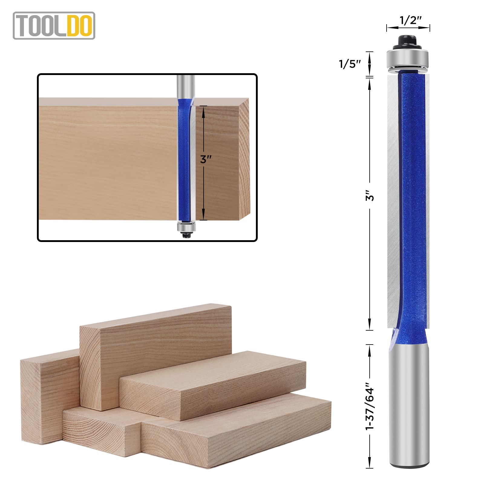 TOOLDO 3" inch Bearing Flush Trim Bit,C3 Carbide Flush Trim Router Bit, 1/2 inch Shank for Wood Router, for DIY, Woodworking Project, High Grade