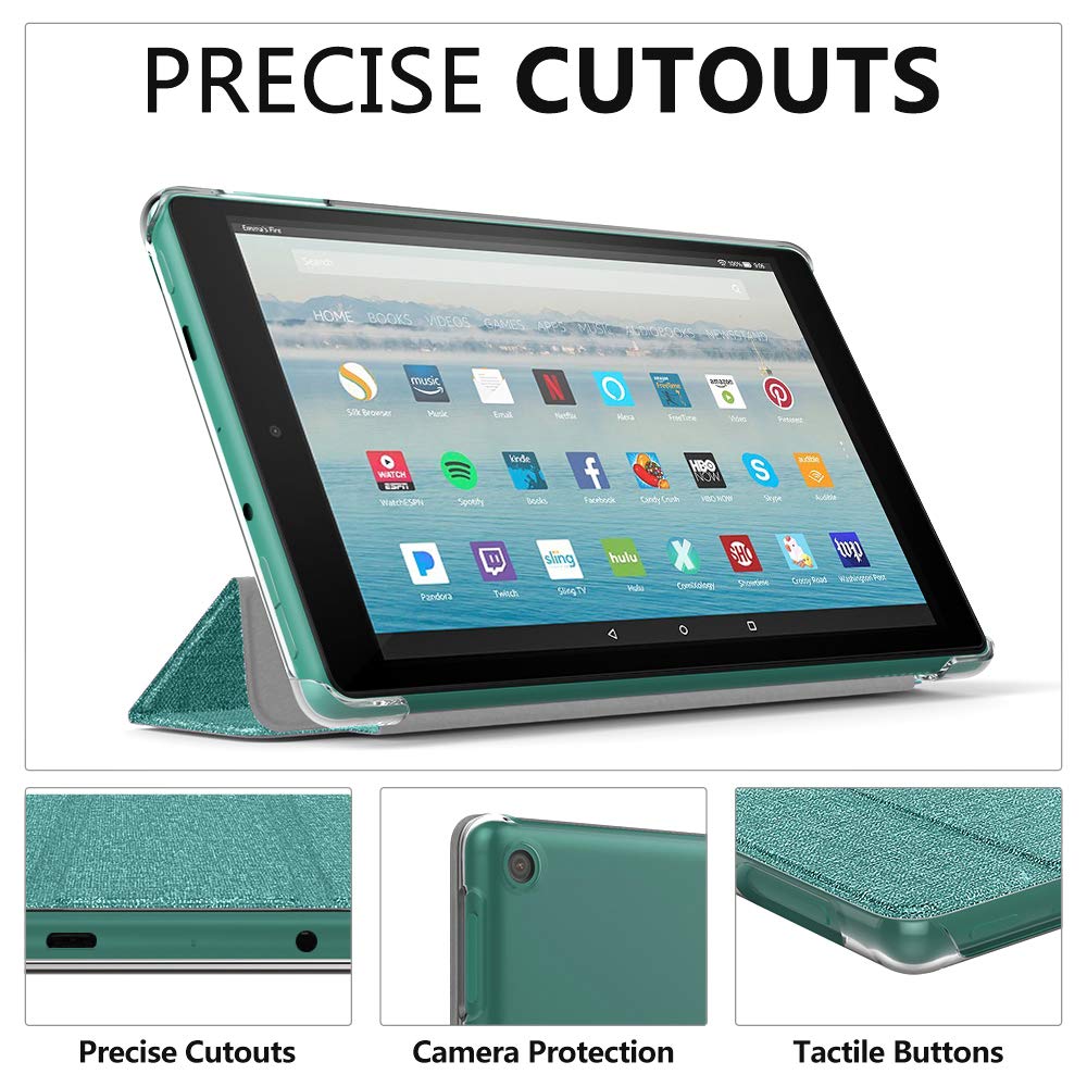 MoKo Case Fits Kindle Fire 7 Tablet (9th Generation, 2019 Release), PU Leather Trifold Stand Cover Frosted Clear Backshell with Auto Wake/Sleep - Denim Green