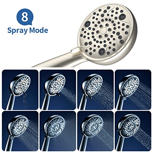 Vantency Brushed Nickel 8 Function Handheld Shower Head with 71 Inches Shower Hose, Modern Style, Easy Installation