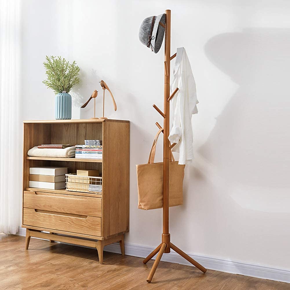 Ollorata High-Grade Wooden Tree Coat Rack Stand, 8 Hooks and 3 Adjustable Heights Entryway Coat Tree Coat Hanger Stand for Home Office, Easy Assembly Coat Rack Freestanding, Bold Natural