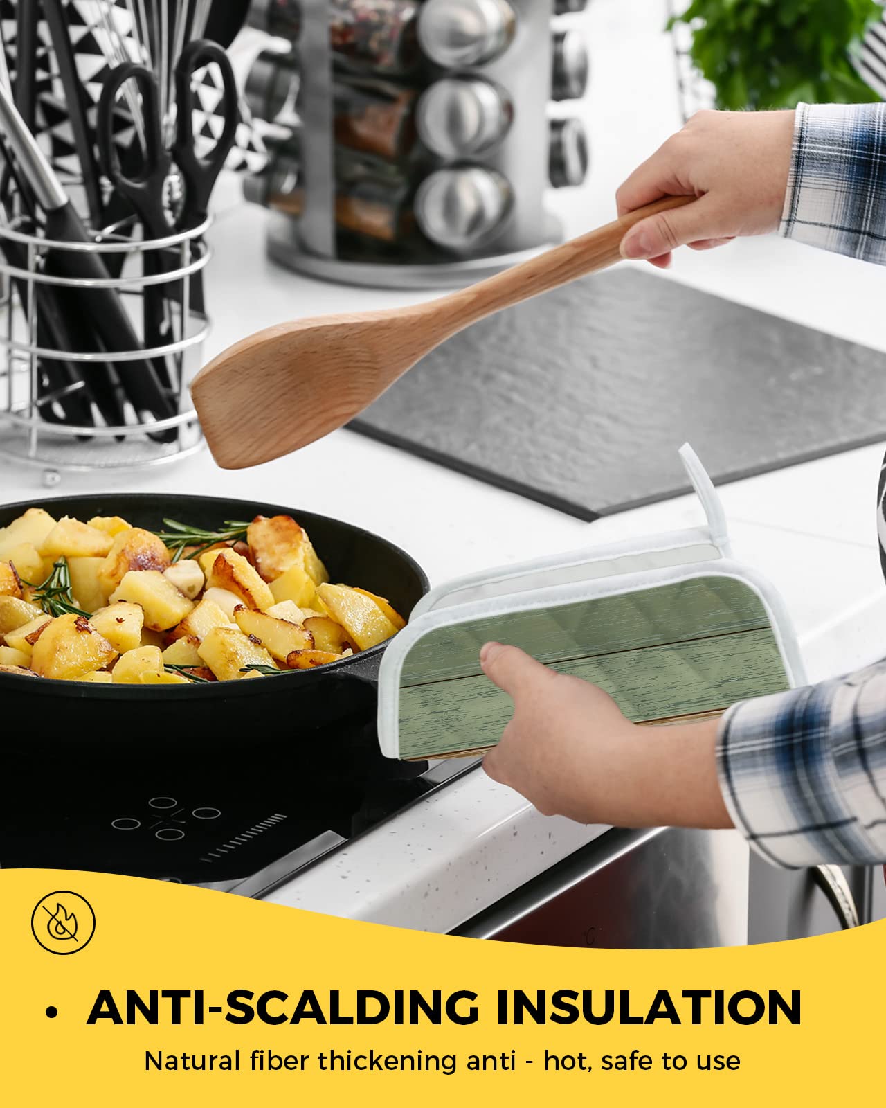 Pot Holders Set of 3 PCS Heat-Resistant Hot Pads Mats with Hanging Loop, Imitation Wood Grain Vintage Sage Green Washable Potholder for Cooking Baking Kitchen, 8.26"x8.26"
