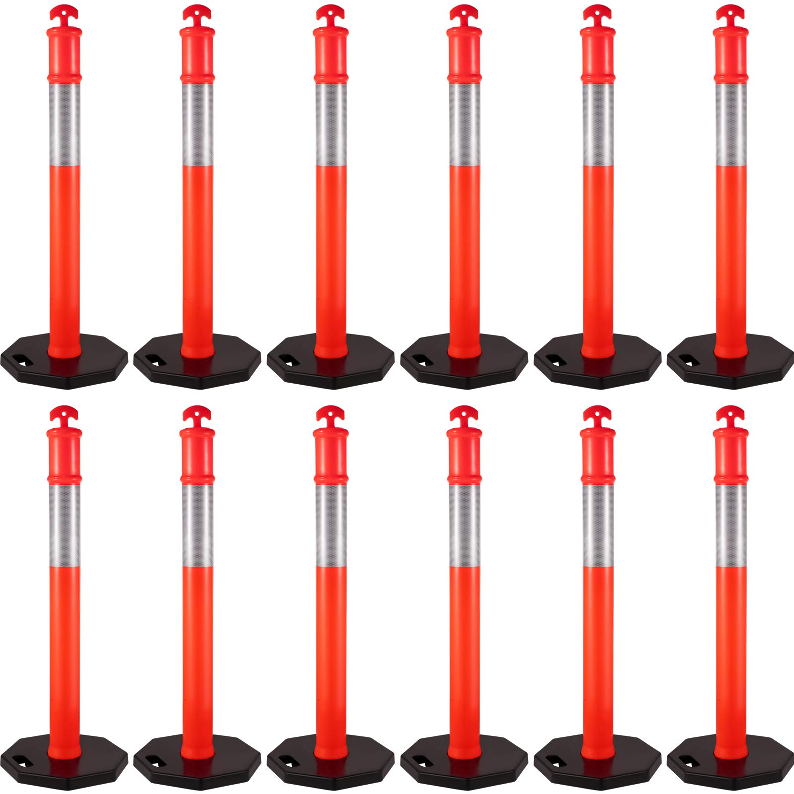 VEVOR 12Pack Traffic Delineator Posts 44 Inch Height, Channelizer Cones Post Kit 10 inch Reflective Band, Delineators Post with Rubber Base 16 inch for Construction Sites, Facility Management etc
