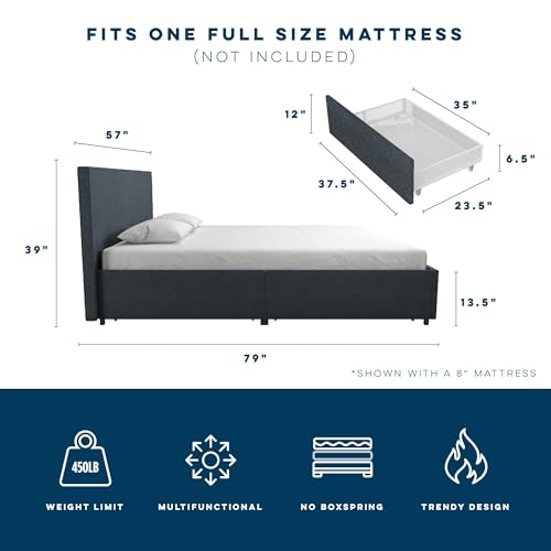 Novogratz Kelly Upholstered Storage Bed Frame, Full, Navy Blue Linen