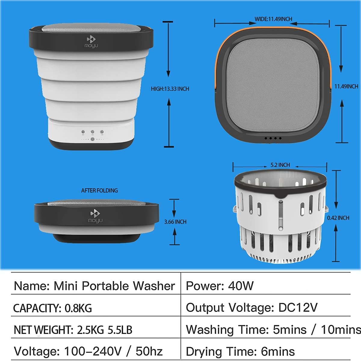 MOYU Mini Portable Bucket Washer Foldable Washing Machine with Soft Spin Dry and Drainage Pipe Pink (English User manual and button labels)