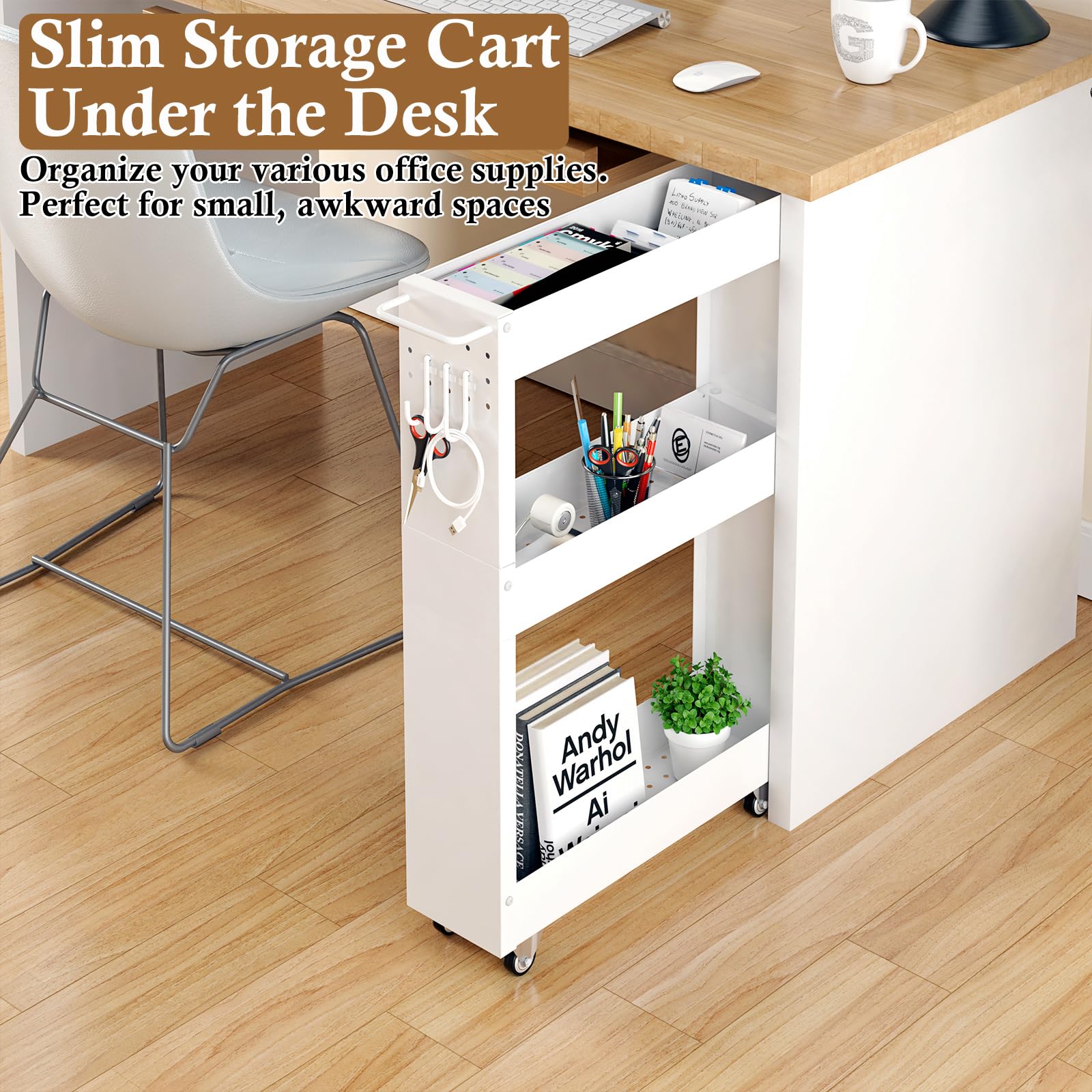 OKZEST Rolling Slim Storage Cart, 3-Tier Narrow Utility Kitchen Cart on Wheels, Metal Narrow Storage Cabinet Organizer Cart for Small Spaces in Laundry Room, Kitchen, Bathroom - 5-Inch Width