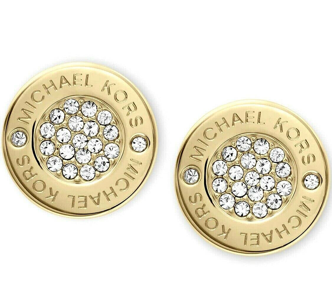 Michael Kors MKJ3351 Gold Logo Plaque w Crystals Pave Stud Earrings