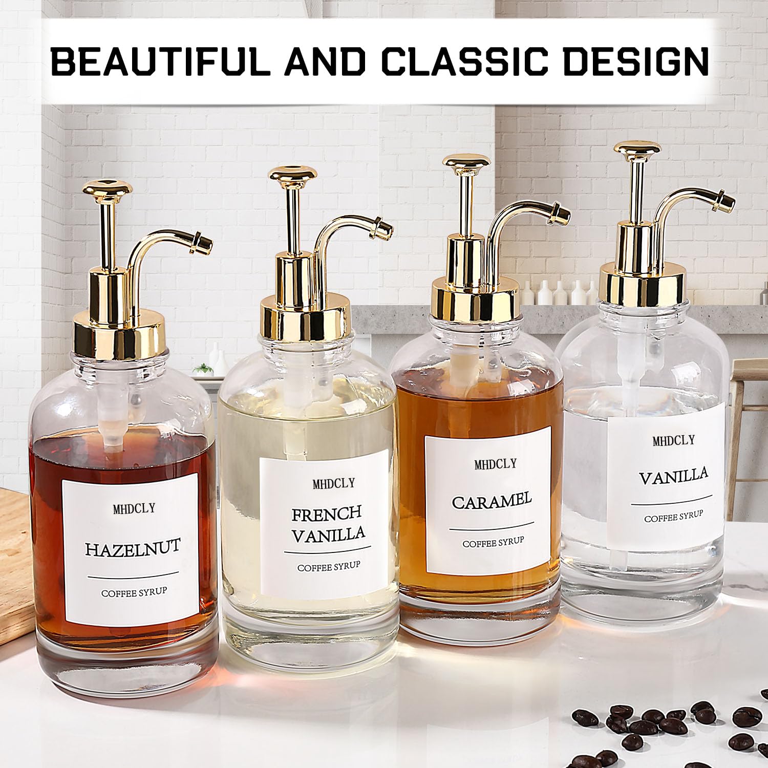 MHDCLY Coffee Bar Accessories, Coffee Syrup Dispenser - 4pack,16.9oz Syrup Dispenser with Labels,Syrup Pump Dispenser for Coffee Bar(Gold pump)