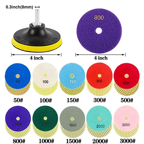 Toolly 12 Pack 4 inch Diamond Polishing Pads Set Wet/Dry Polishing Kit 10pcs 50#-3000# Grit Pads with 2pcs Hook and Loop Backer Pads for Granite Stone Concrete Marble Floor Grinder or Polisher