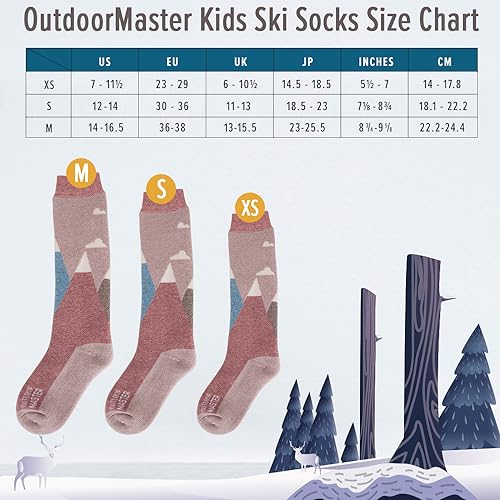 OutdoorMaster Kids Ski Socks 2 Pack - Merino Wool Blend, Over the Calf Design (M, Mt View - 2)