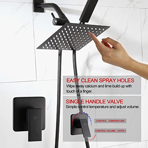 POP SANITARYWARE All Metal Matte Black Shower Faucet Set, Bathroom Rainfall 8 Inch Shower Head System with Handheld Wand, Single Handle Shower Trim Kit with Valve