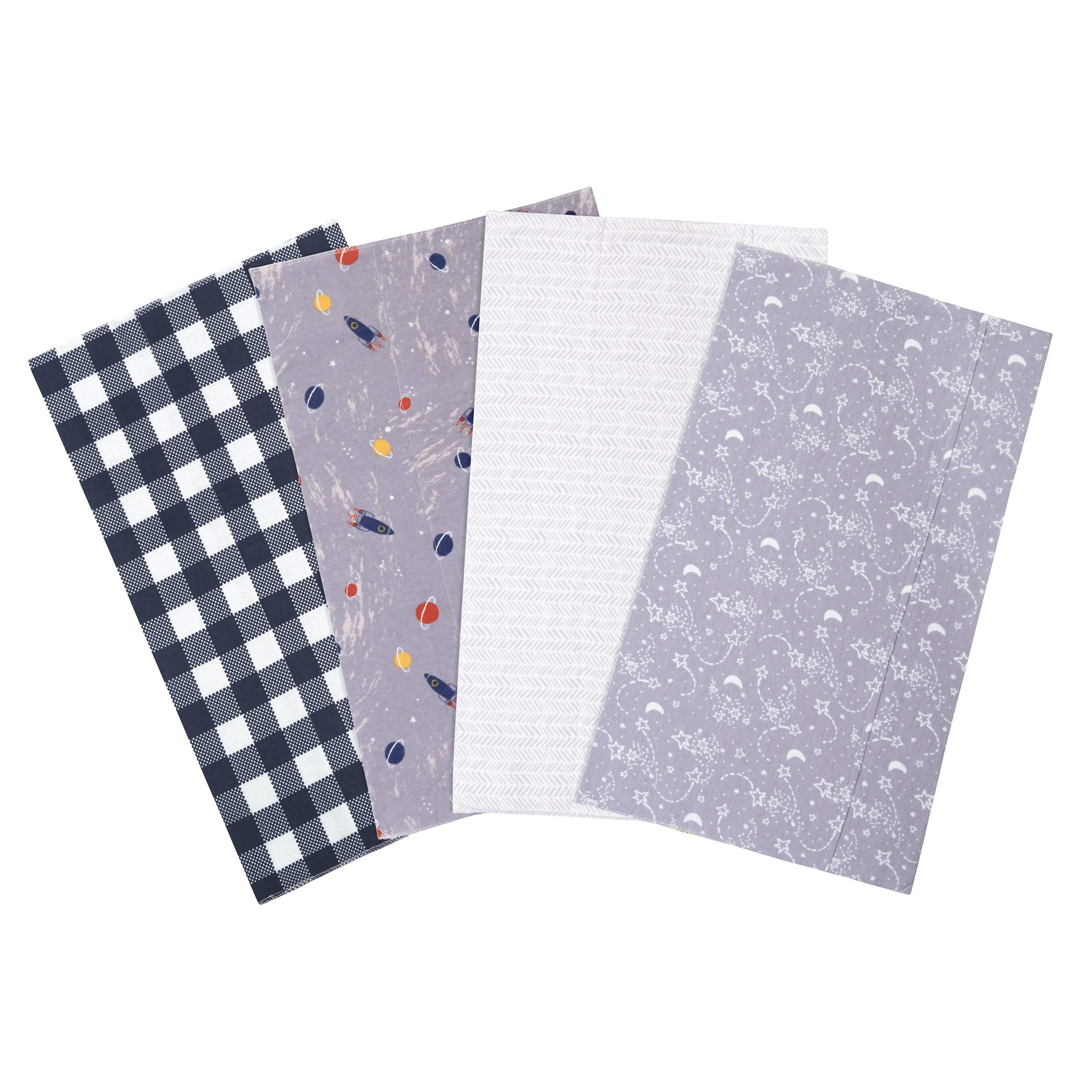 Outer Space 4-Pack Flannel Burp Cloth Set-Buffalo Check, Rocket ships and planets, Moon and Star, Herringbone Prints, Gray, Blue, Orange, White, 100% Cotton Flannel, 11.5 in x 20 in Each