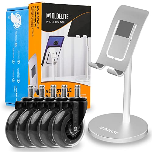 Oldelite Caster Wheels (Set of 5) with Adjustable Stand for Smartphone and Tablet | Replacement Rollerblade Wheels for Desk Chairs, Computer Chairs & Gaming Chairs with Adjustable Phone Stand Bundle